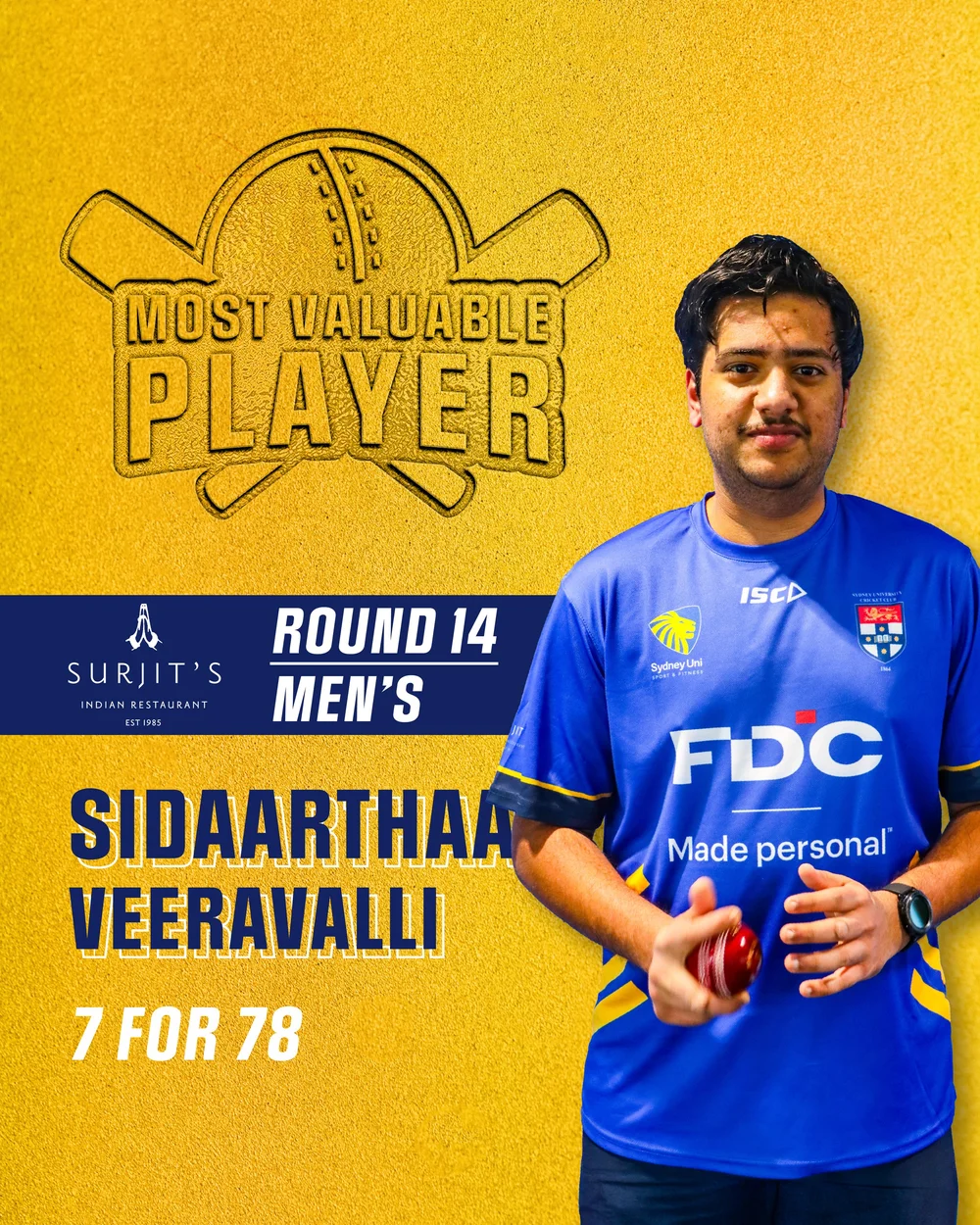Round 14 - MVP - Sidaarthaa Veeravalli and Ellie Threlkeld (17) — Sydney Uni Cricket
