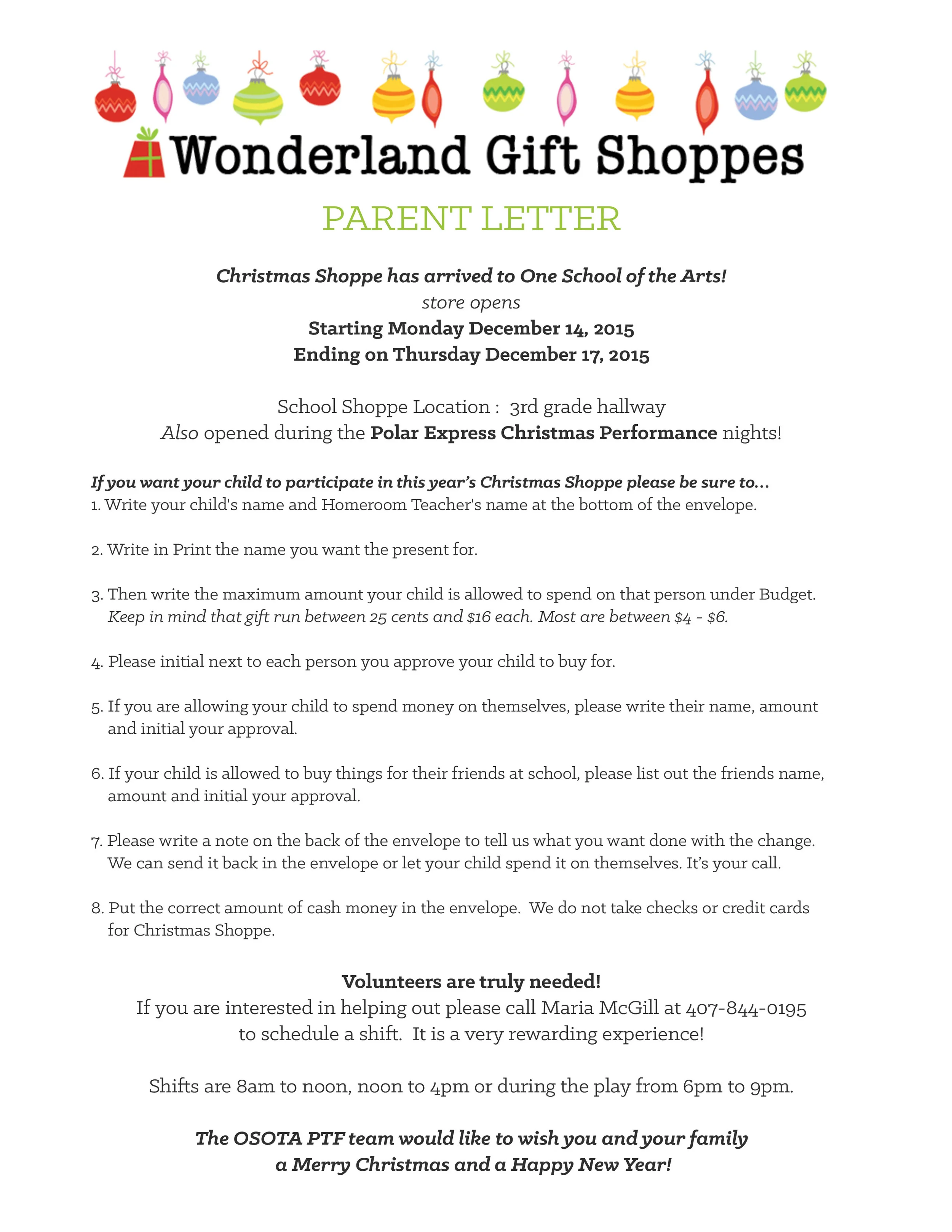 Christmas Shoppe Parent Letter — One School of The Arts | Central ...