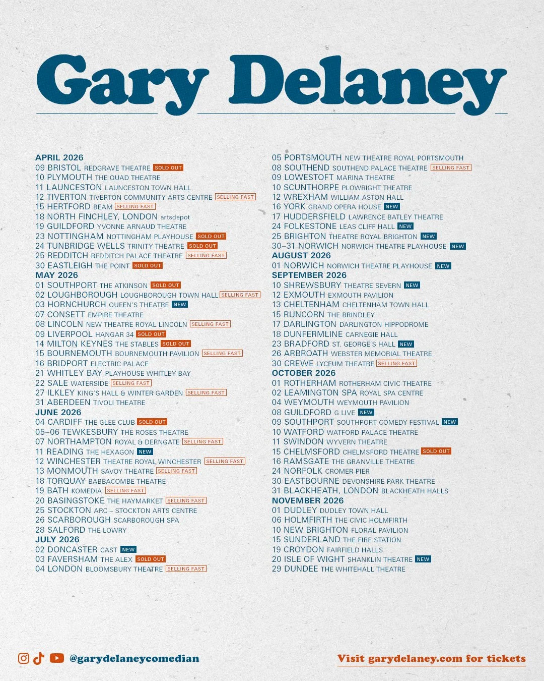 gary delaney: gary on laughing | NEW TOUR 2026 | 9th april - 29th ...