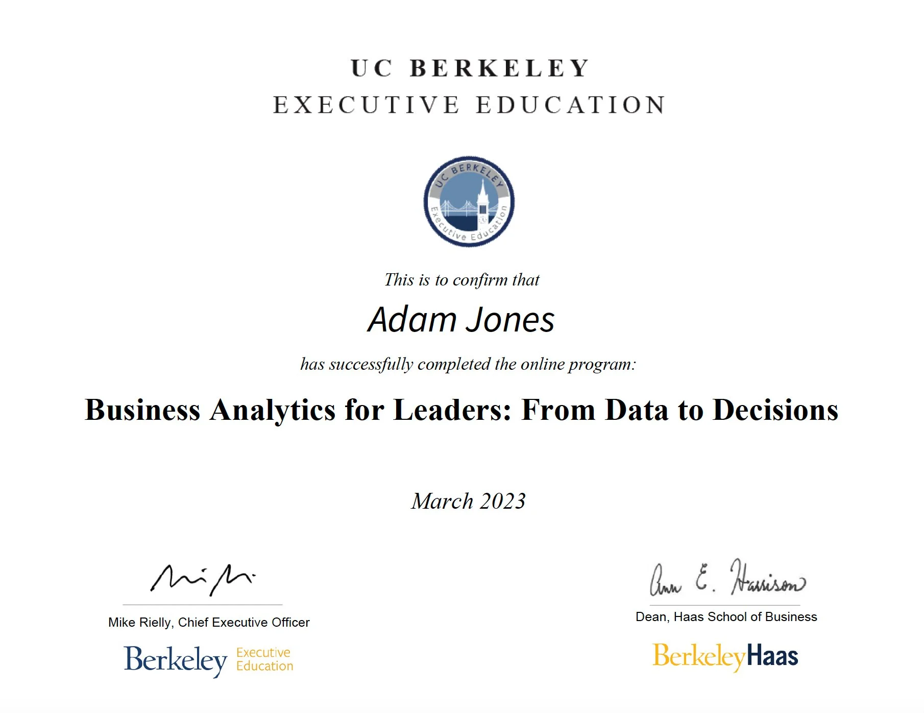 Berkeley Business Analytics for Leaders Program Completion — So-Cal Engineer