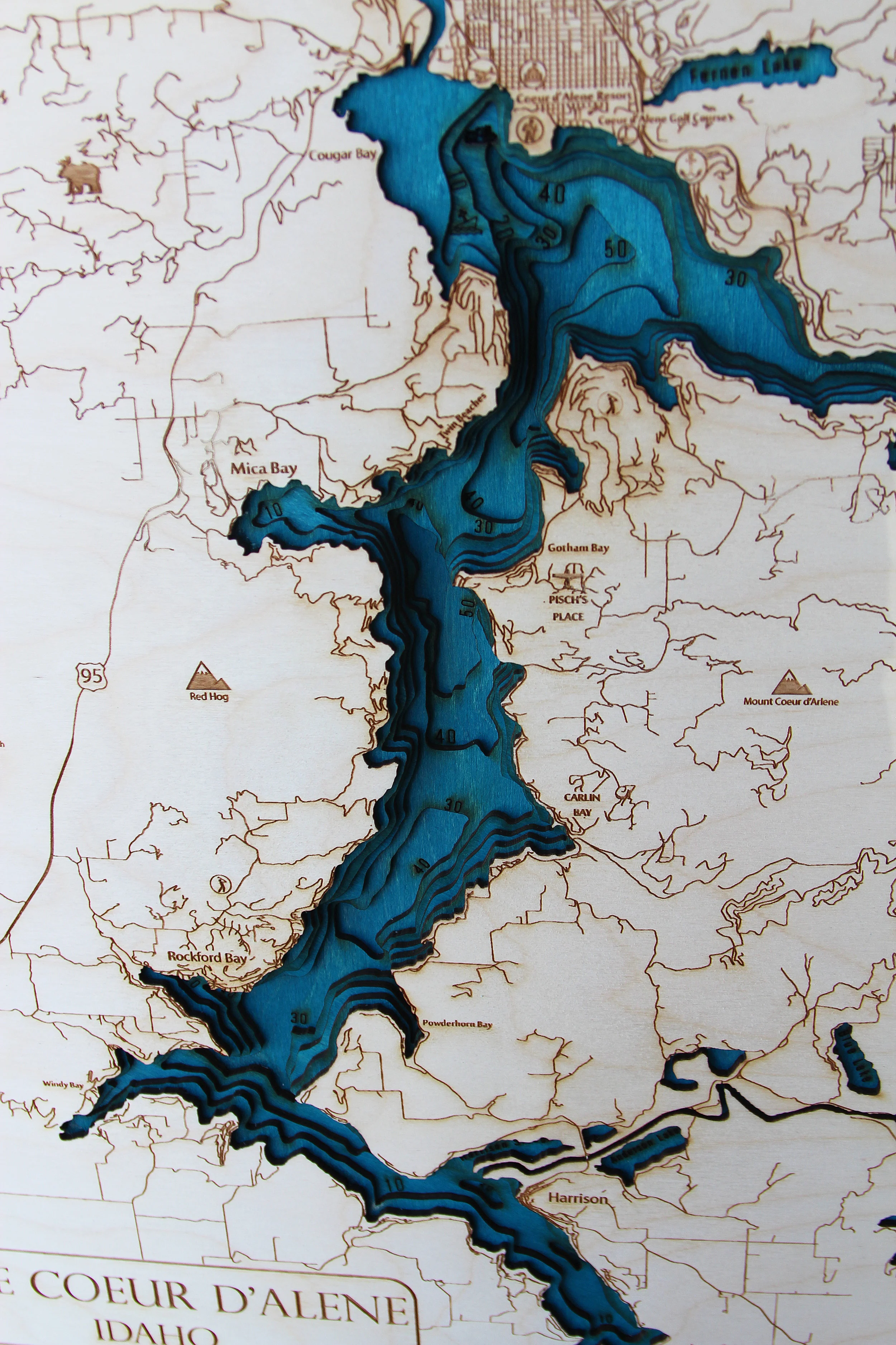 Lake Coeur D'Alene Large (NAKED) — 3D WOOD MAPS - BELLA MAPS