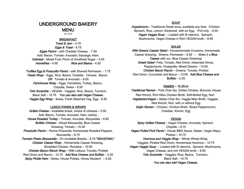 MENU original — The Underground Bakery