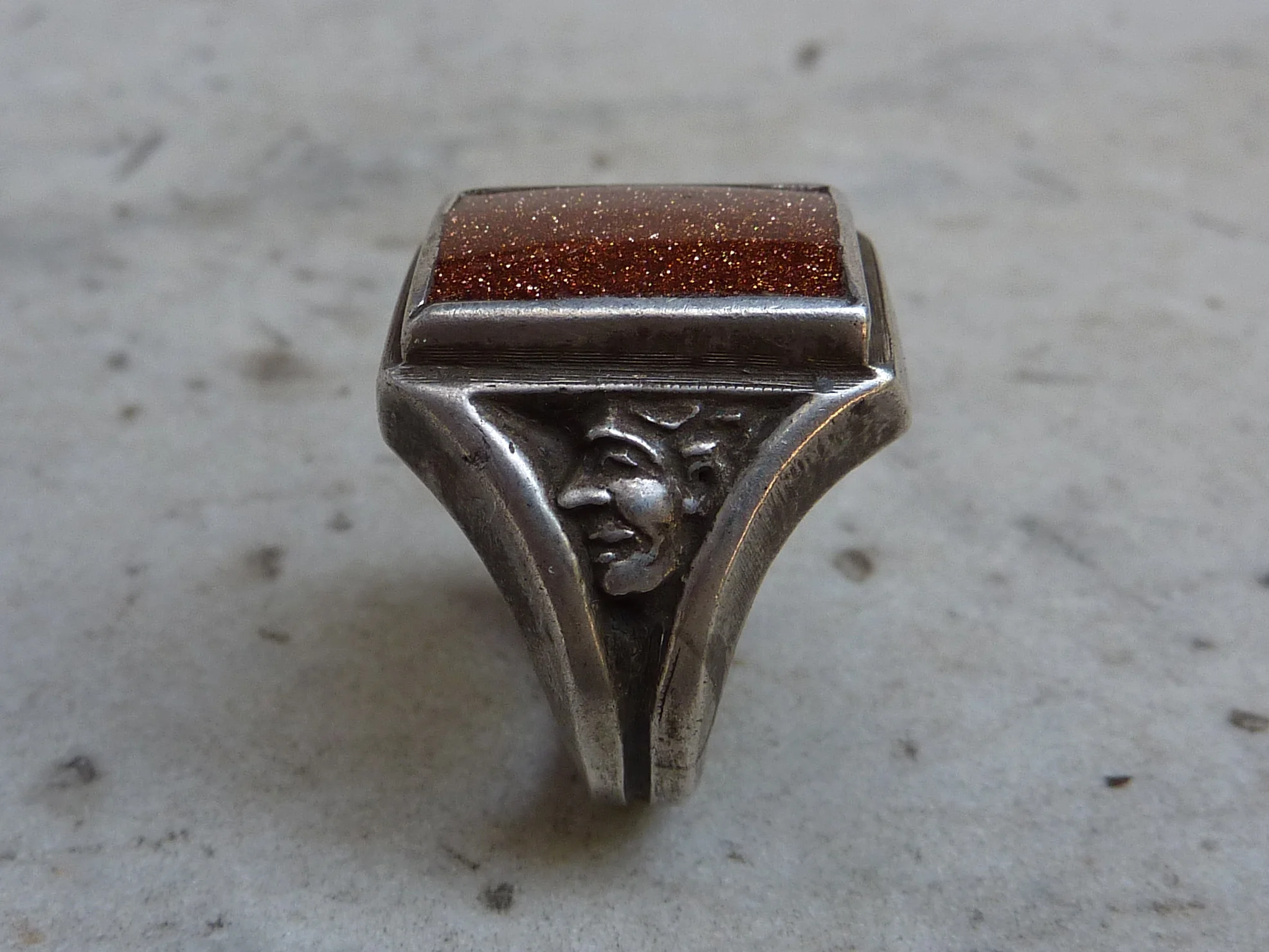 Vintage Silver & Goldstone Jester Ring — Worn-Over-Time