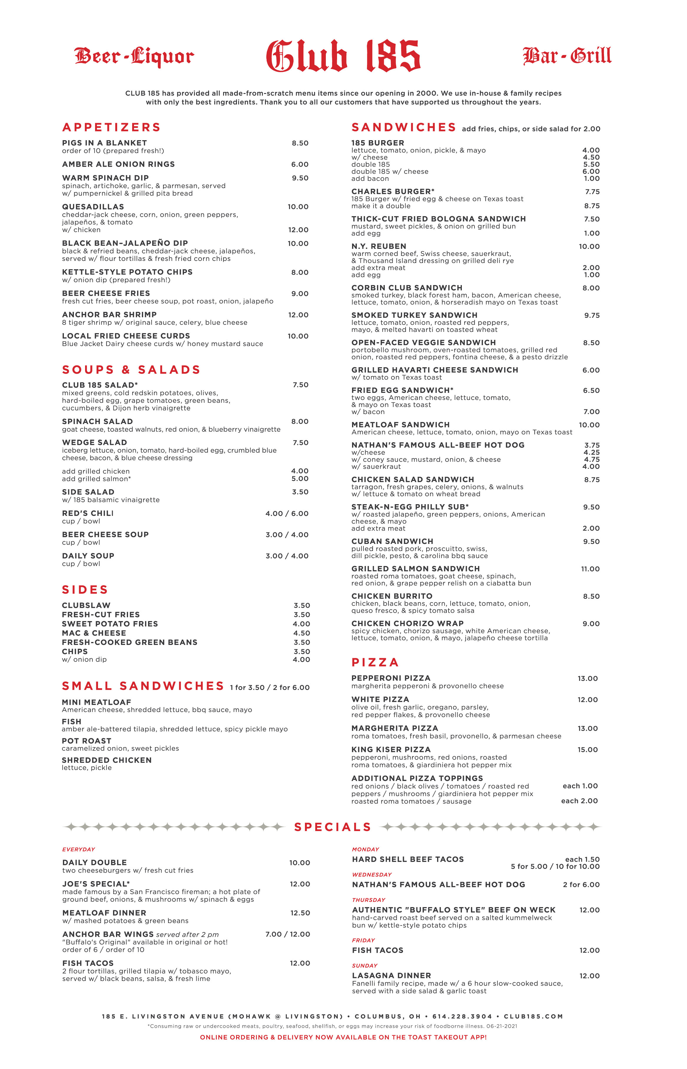 Menu — Club 185