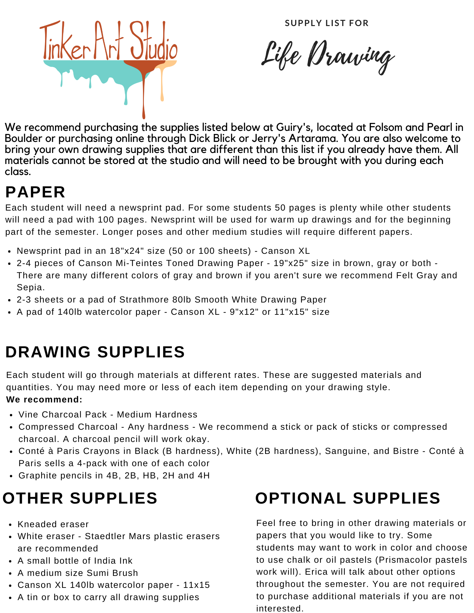 Drawing Supplies List