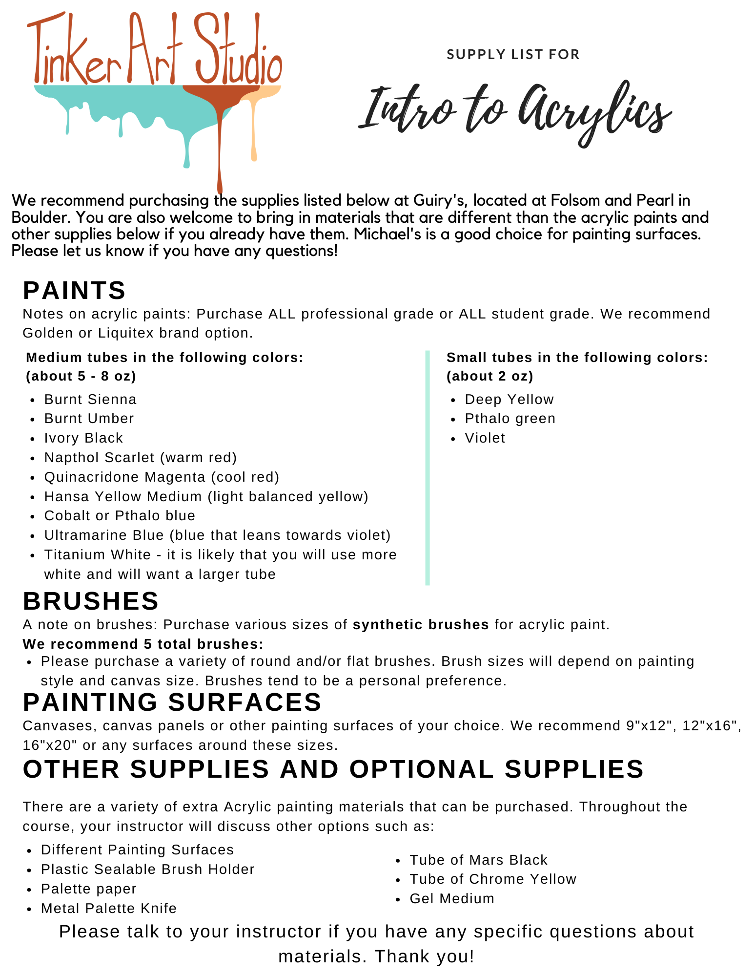 Adult Materials Lists — Tinker Art Studio - Classes, Parties, Community ...