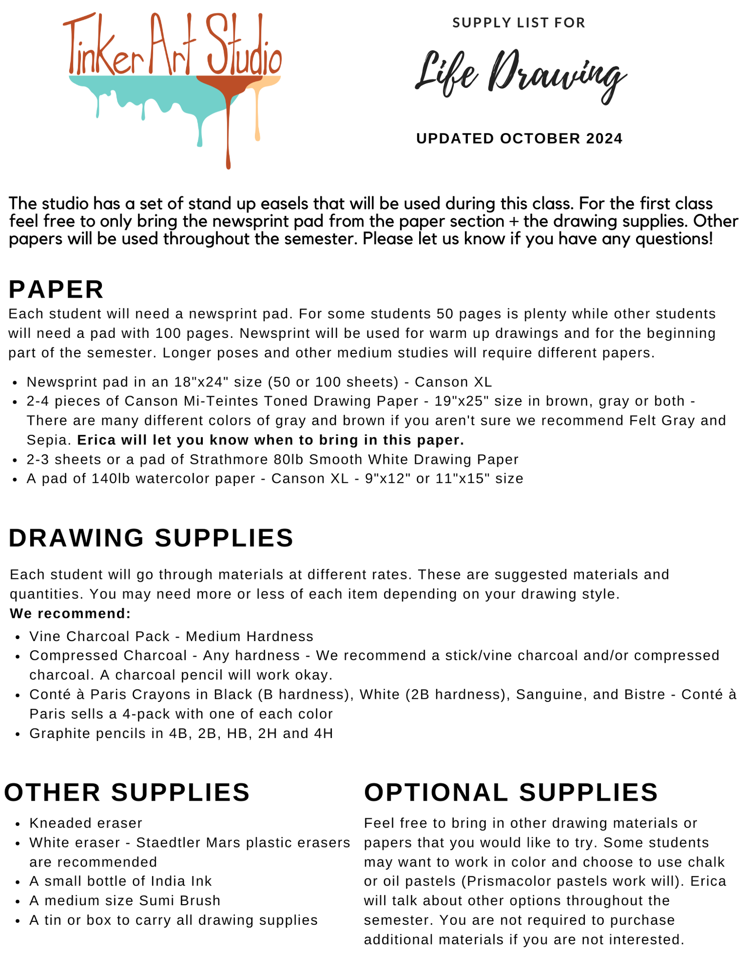 Adult Materials Lists — Tinker Art Studio | Classes, Parties, Community ...