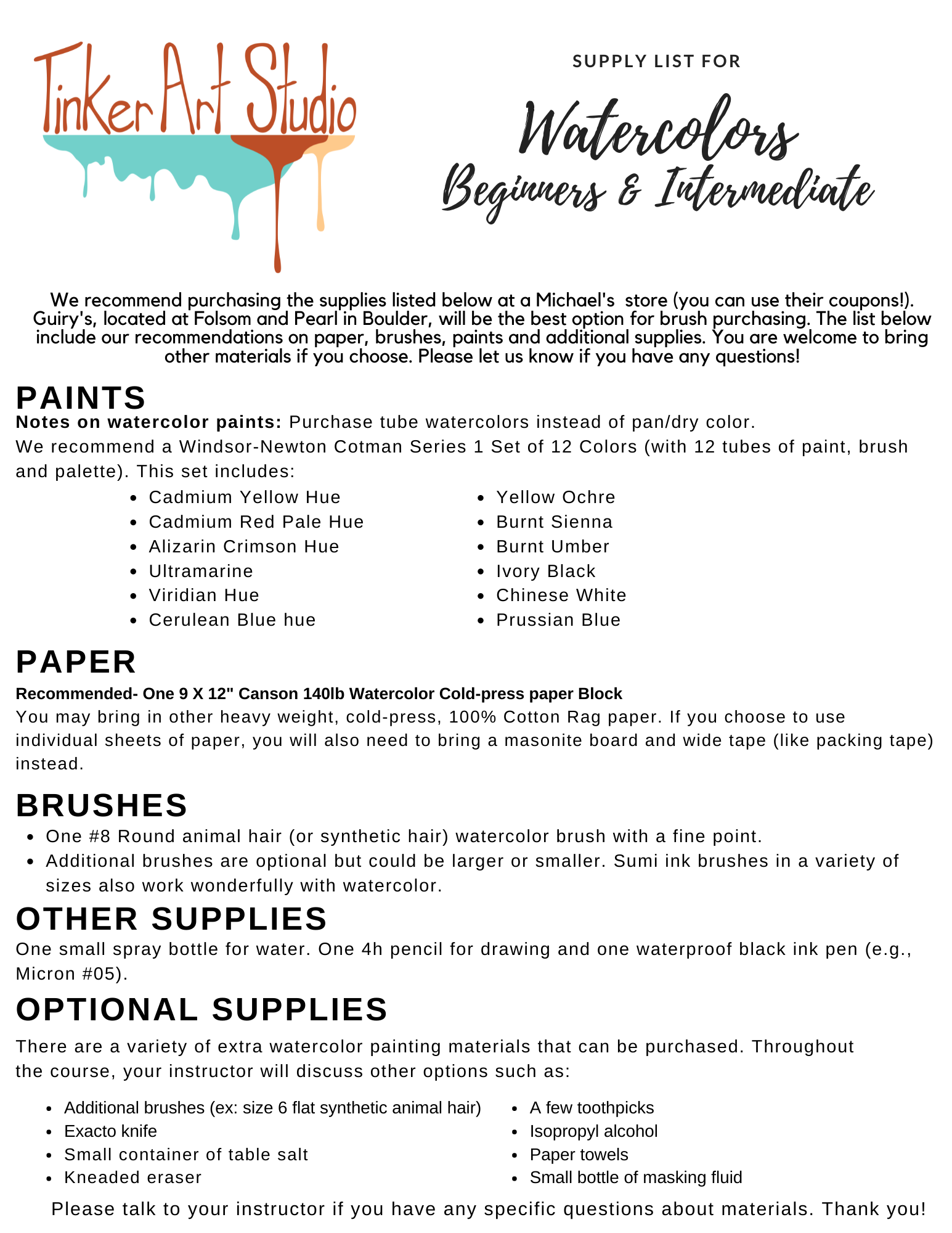 Adult Materials Lists — Tinker Art Studio - Classes, Parties, Community ...