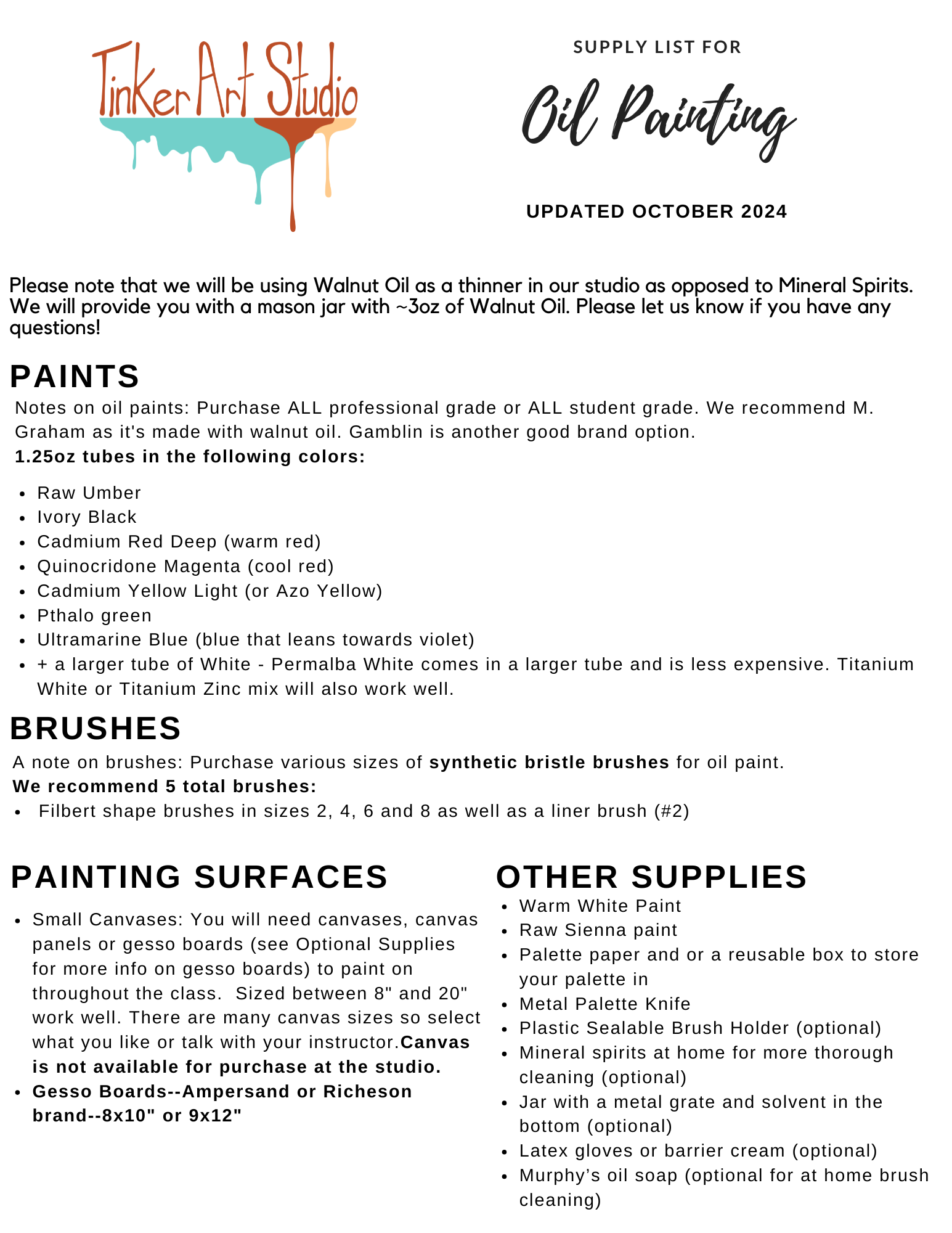 Adult Materials Lists — Tinker Art Studio | Classes, Parties, Community ...