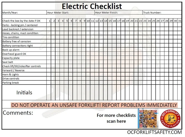 Free Electric Forklift Safety Inspection Checklist in Spanish — OC ...