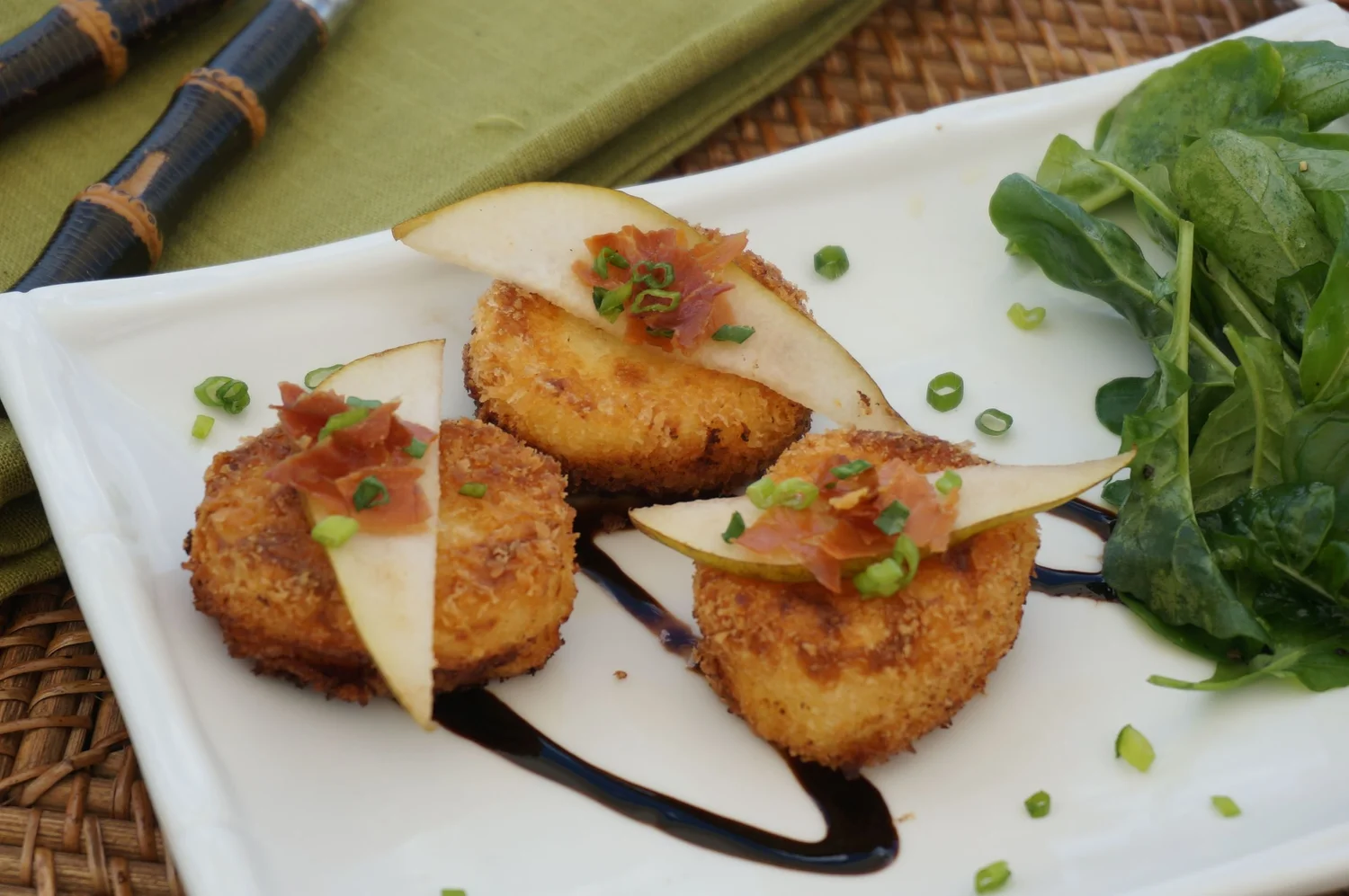 Fried Goat Cheese with Pear, Crispy Prosciutto and Balsamic Reduction ...
