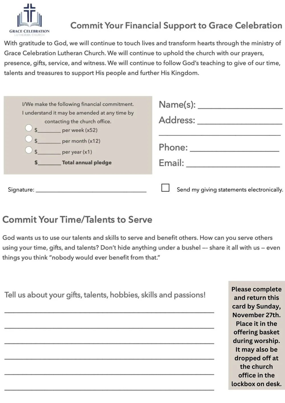 Commitment Card — Grace Celebration Lutheran Church