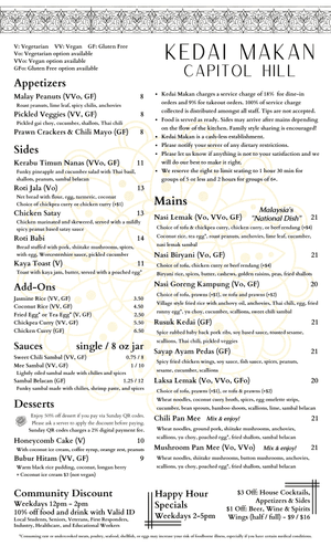 Capitol Hill Menu — Kedai Makan