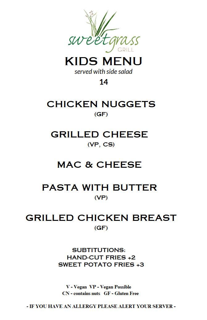 Menu — Sweet Grass Grill