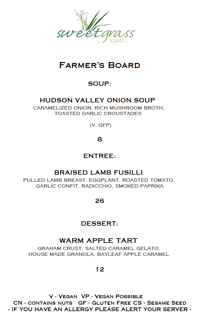 Menu — Sweet Grass Grill