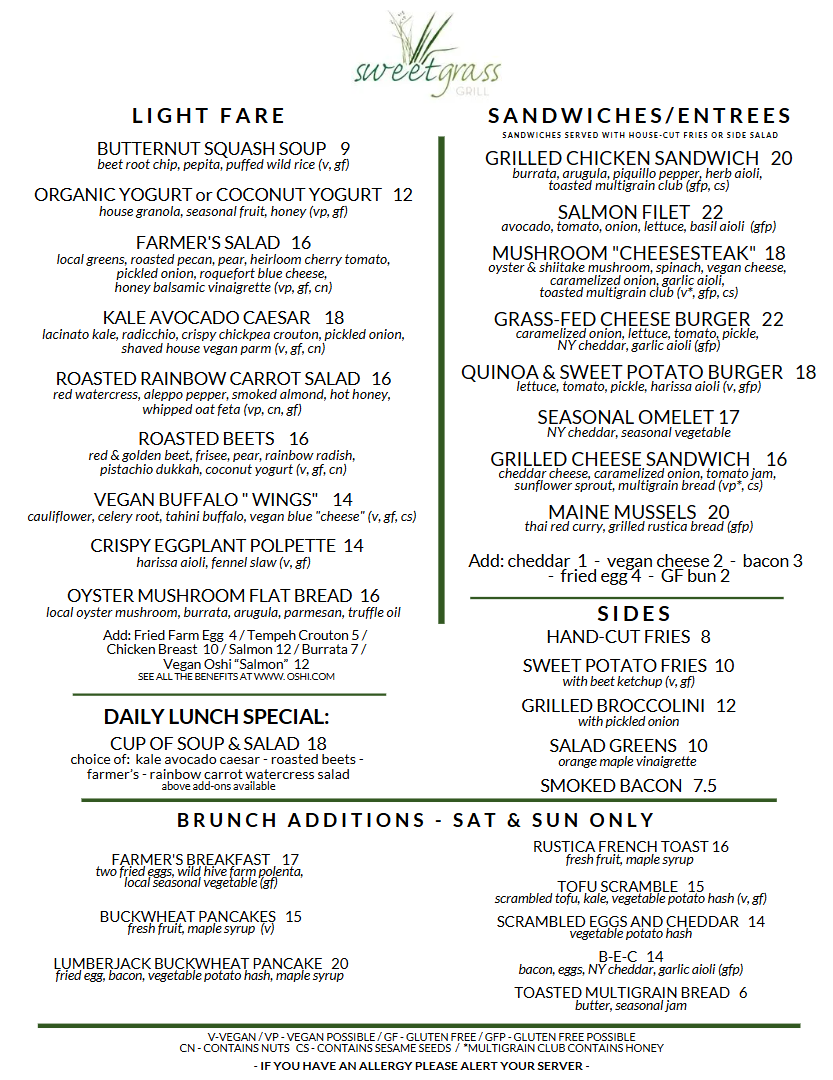 Menu — Sweet Grass Grill