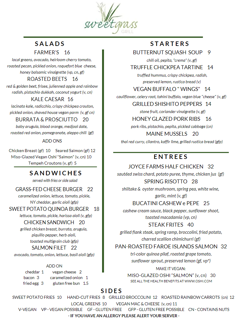 Menu — Sweet Grass Grill