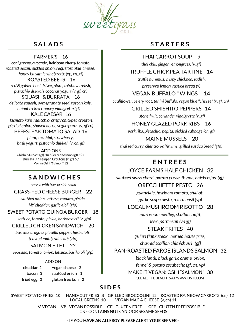 Menu — Sweet Grass Grill