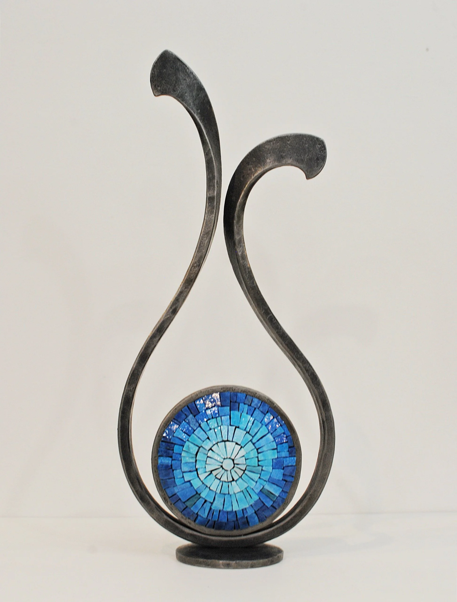 Modern Steel and Blue Glass Tabletop Sculpture — Phoenix Handcraft