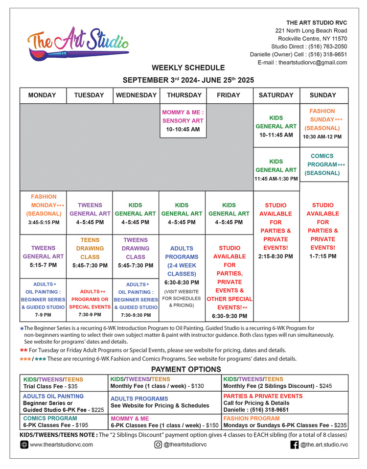 Weekly Art and Fashion Classes Schedule — The Art Studio