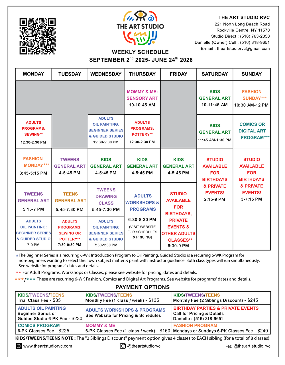 Weekly Art and Fashion Classes Schedule — The Art Studio