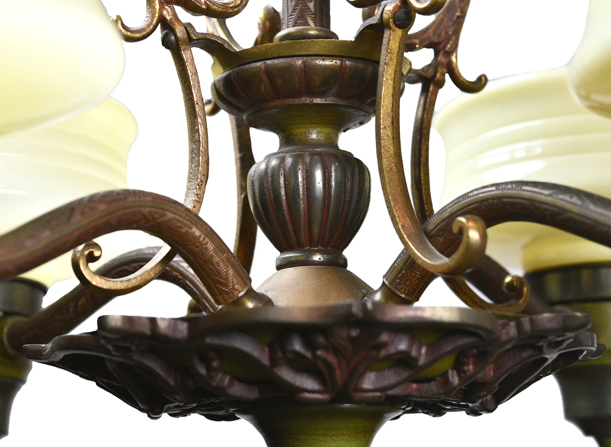 moe brothers 4 shade chandelier with green accents — ARCHITECTURAL ANTIQUES