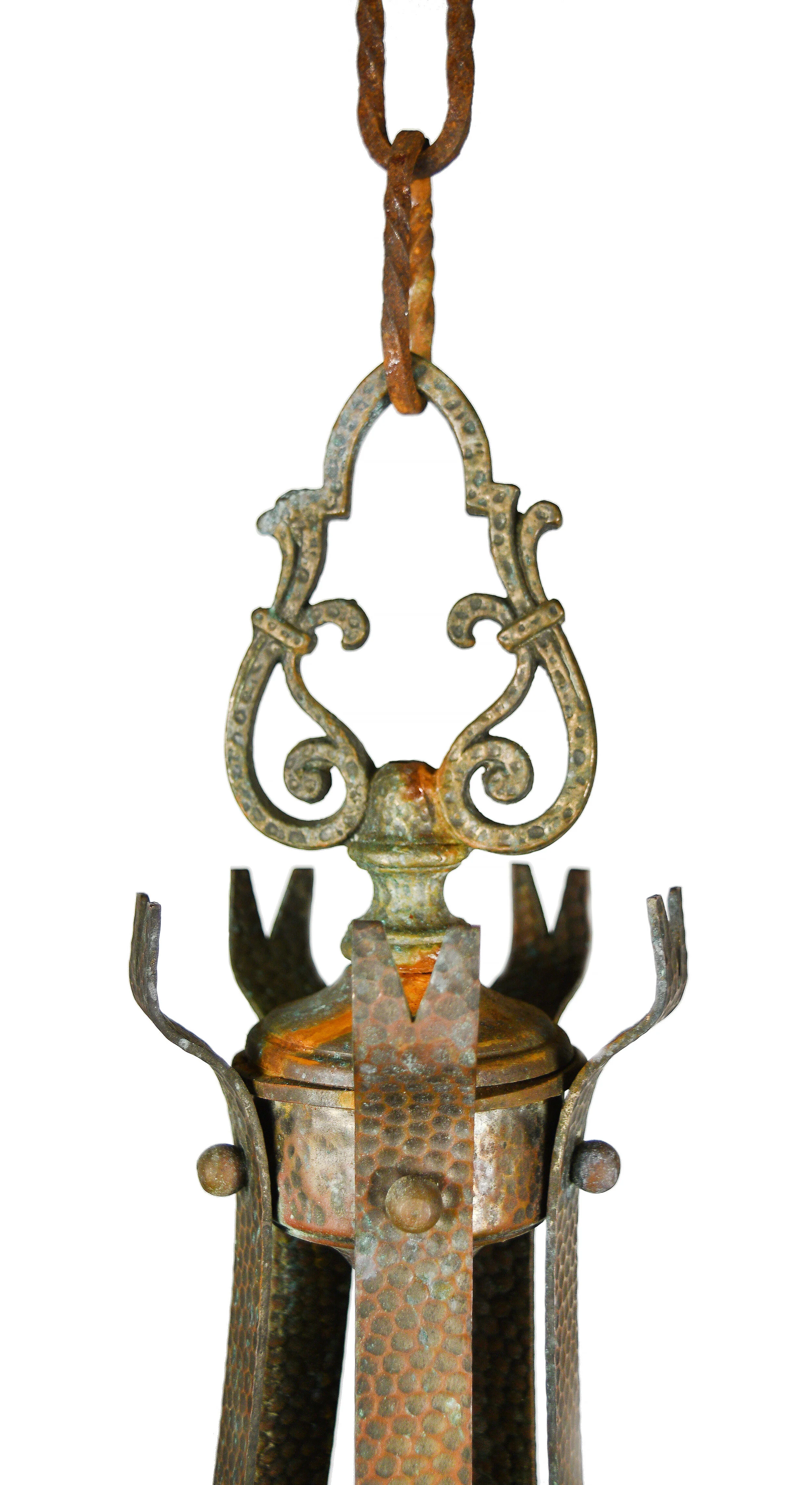 five light bronze tudor shield chandelier — ARCHITECTURAL ANTIQUES