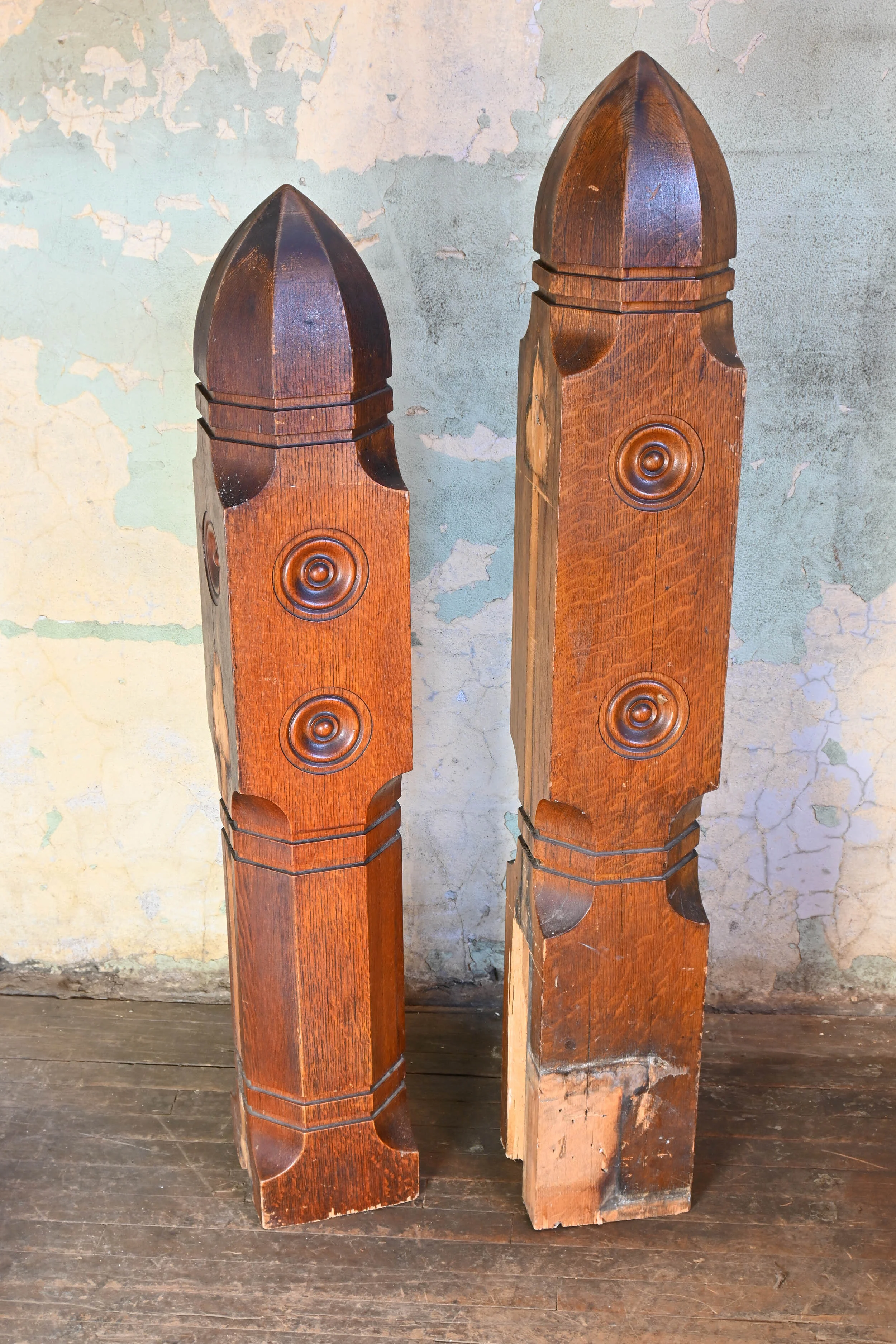 large oak stair newels almost gothic style — ARCHITECTURAL ANTIQUES