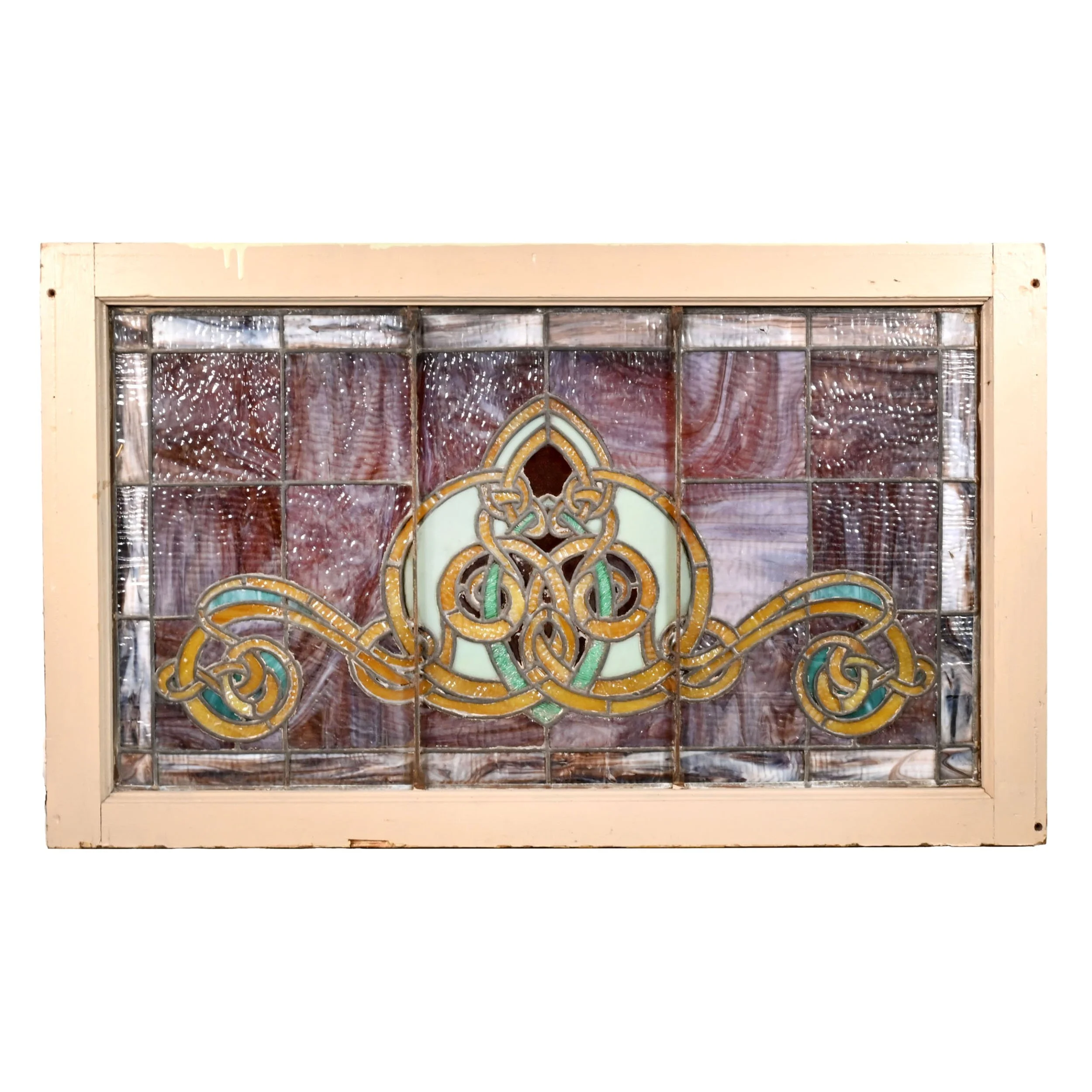 purple slag glass window with gold looping design — ARCHITECTURAL ANTIQUES