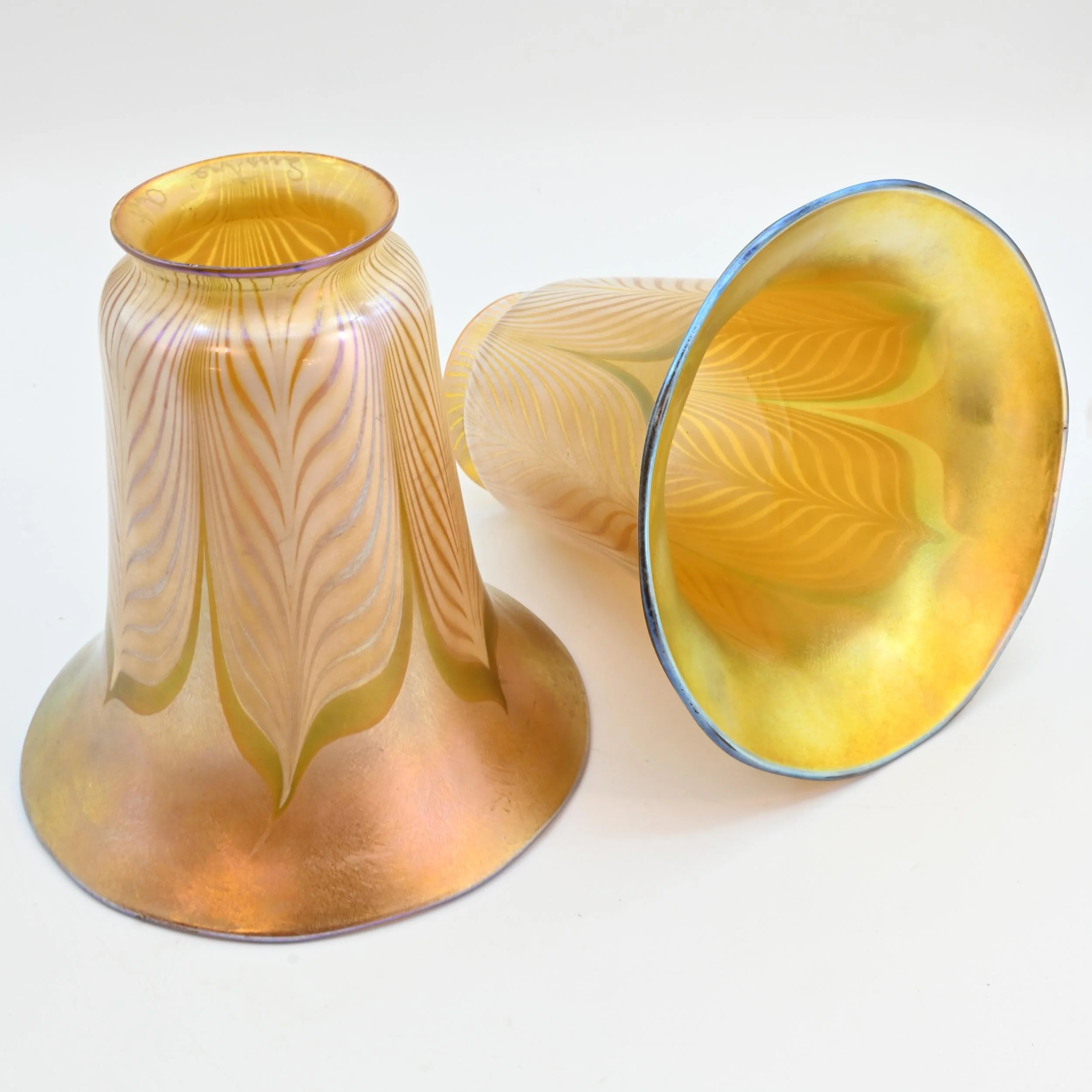 translucent white & green pulled feather lustre art gold shade pair ...