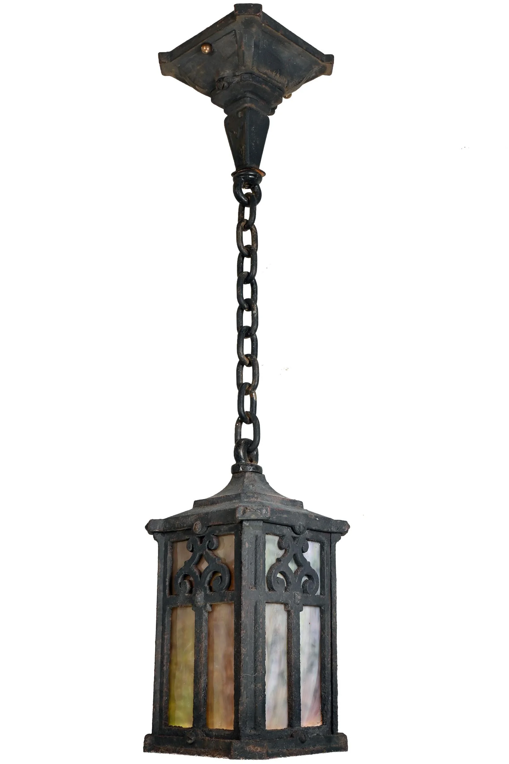 arts & crafts iron pendant exterior/interior with slag glass ...