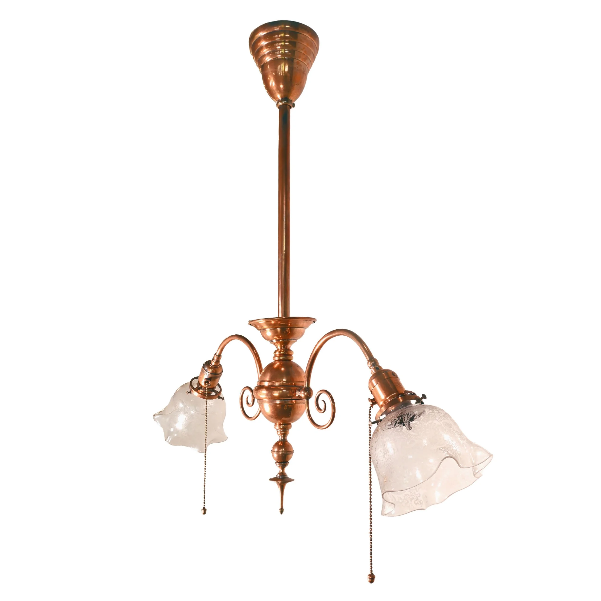 copper gilt brass two arm early electric pendant with spirals and ...