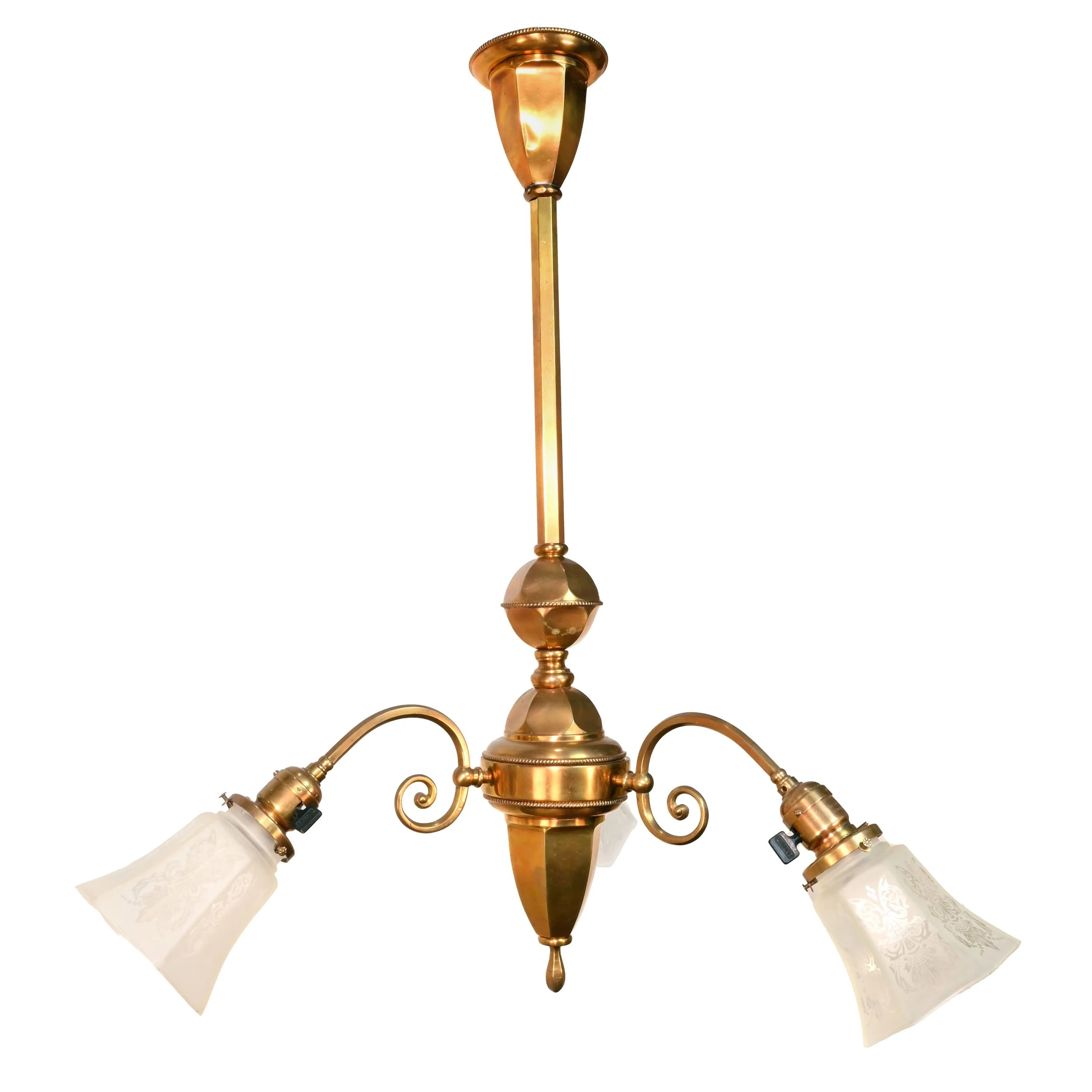 brass three arm early electric pendant with hexagonal body and etched ...