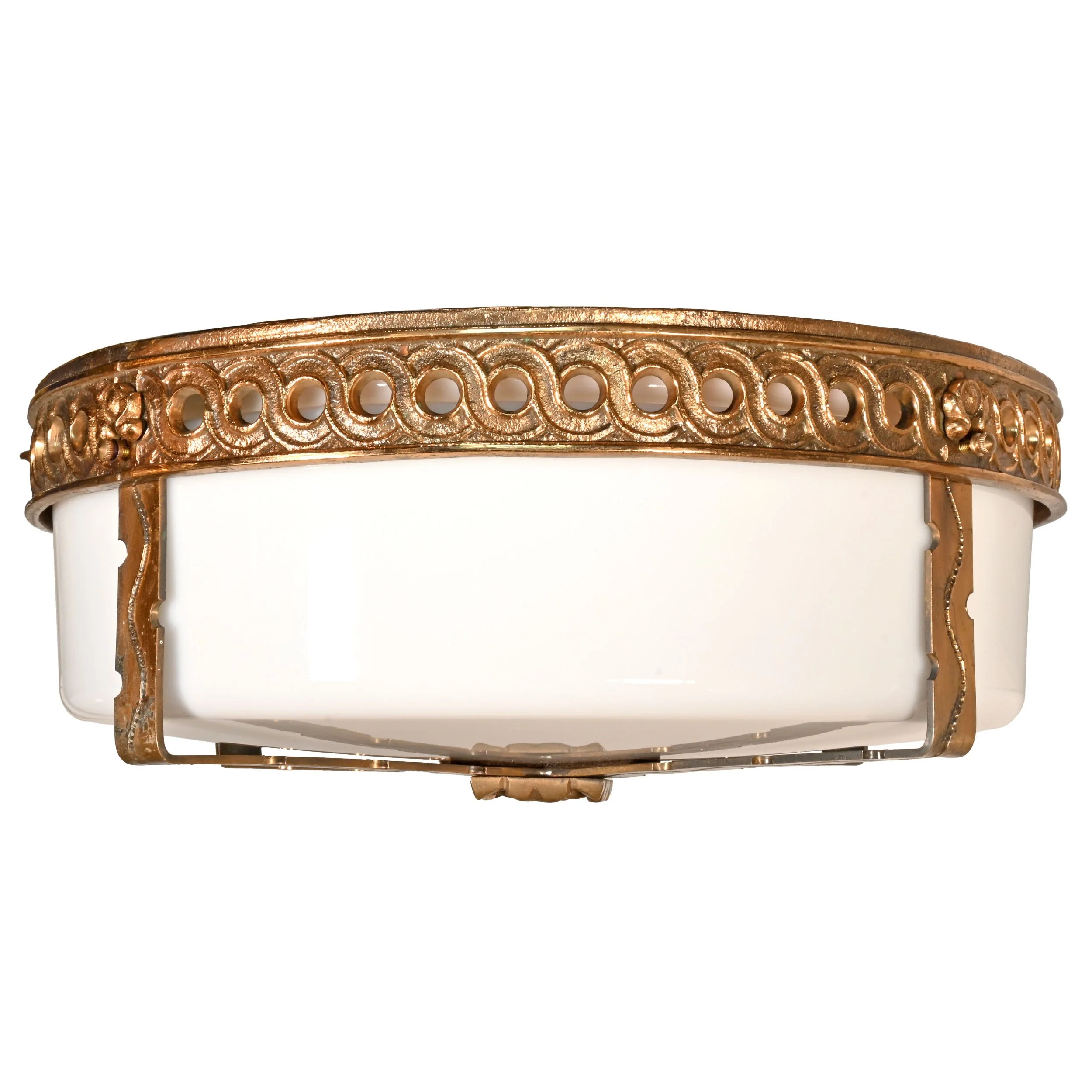 circular brass flushmount with white glass — ARCHITECTURAL ANTIQUES