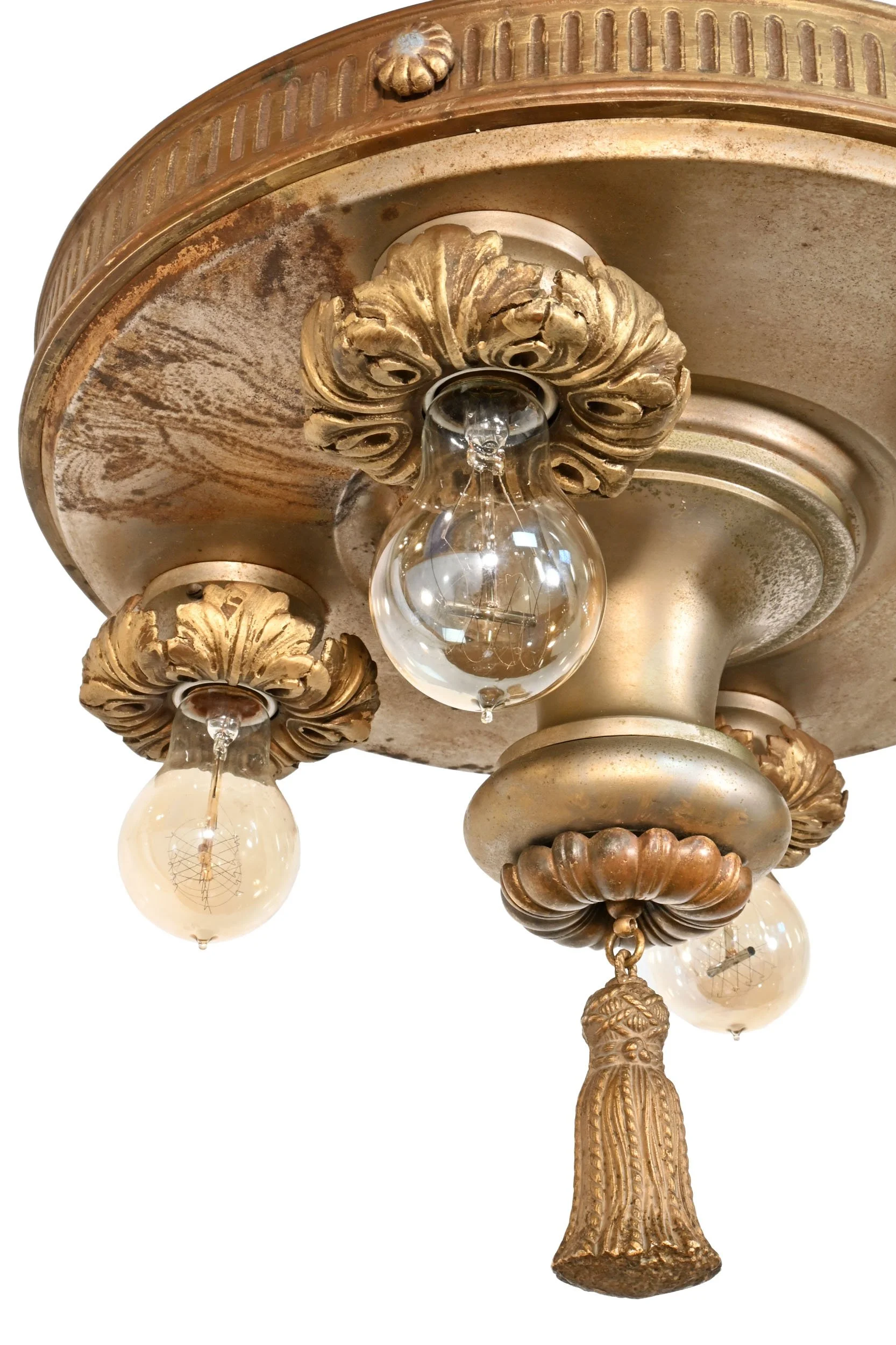 silver and brass four bulb chandelier with tassel — ARCHITECTURAL ANTIQUES