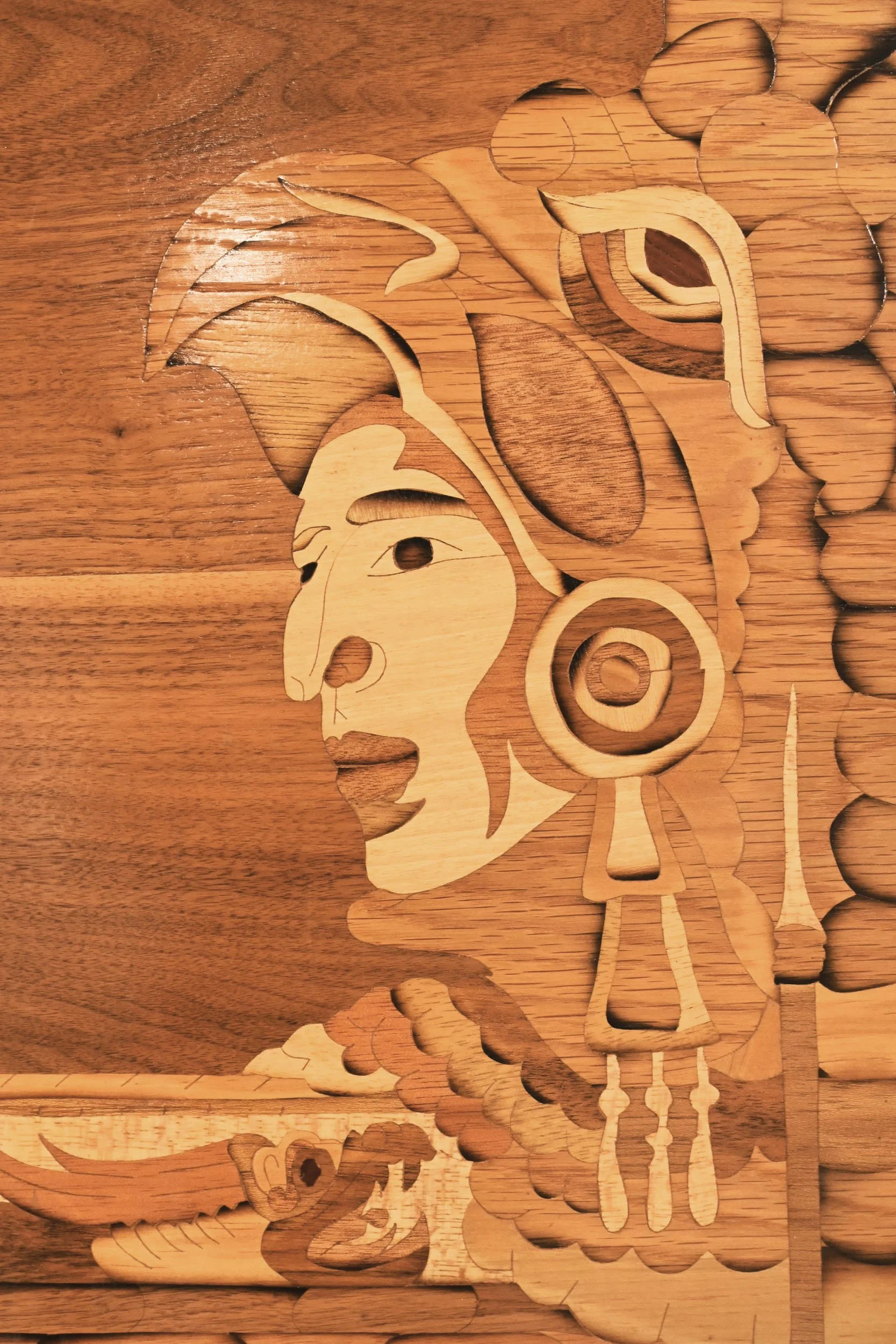 wooden marquetry portrait of person in headdress — ARCHITECTURAL ANTIQUES