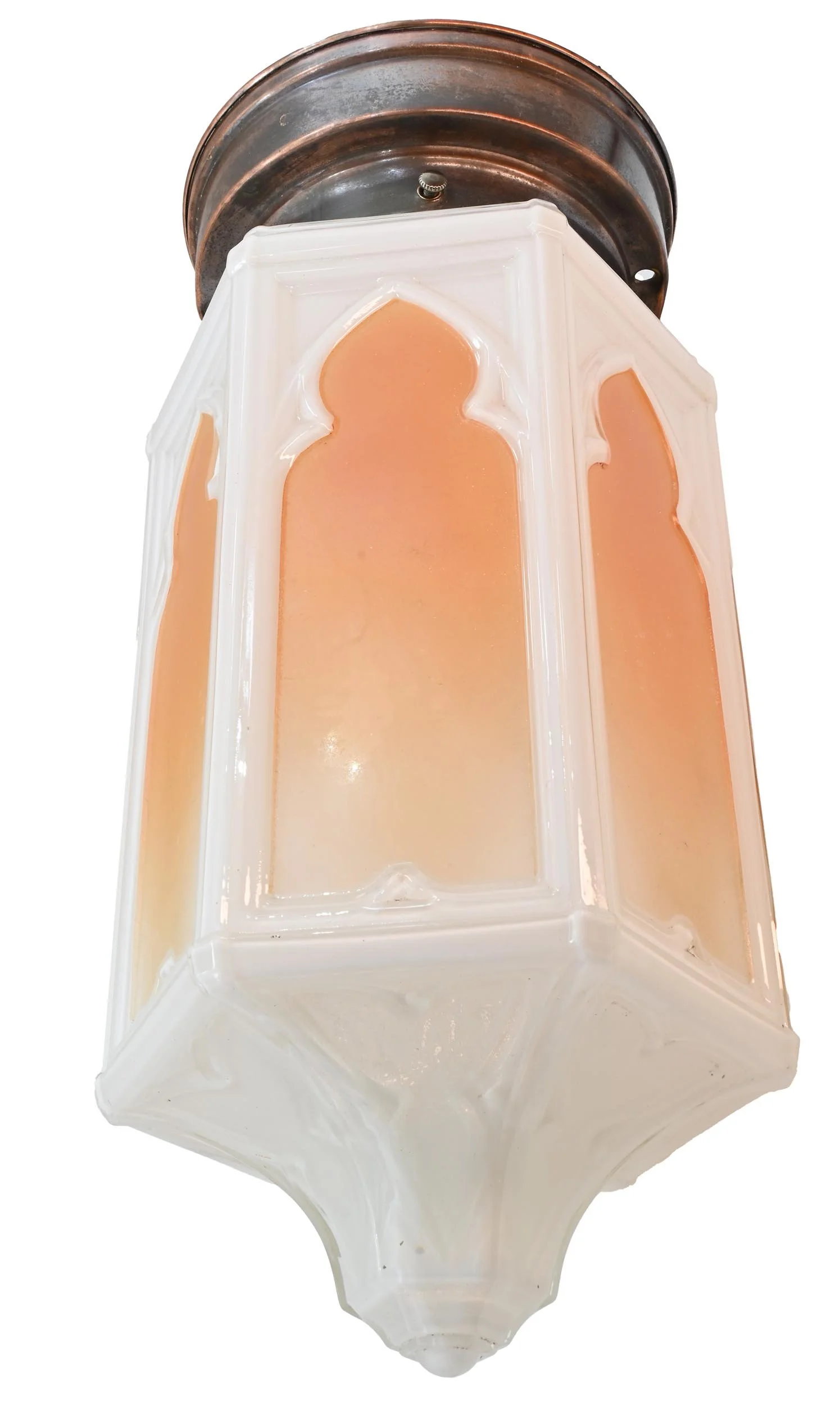 arched hex gothic/tudor polychrome shade on brass ceiling flush fixture ...
