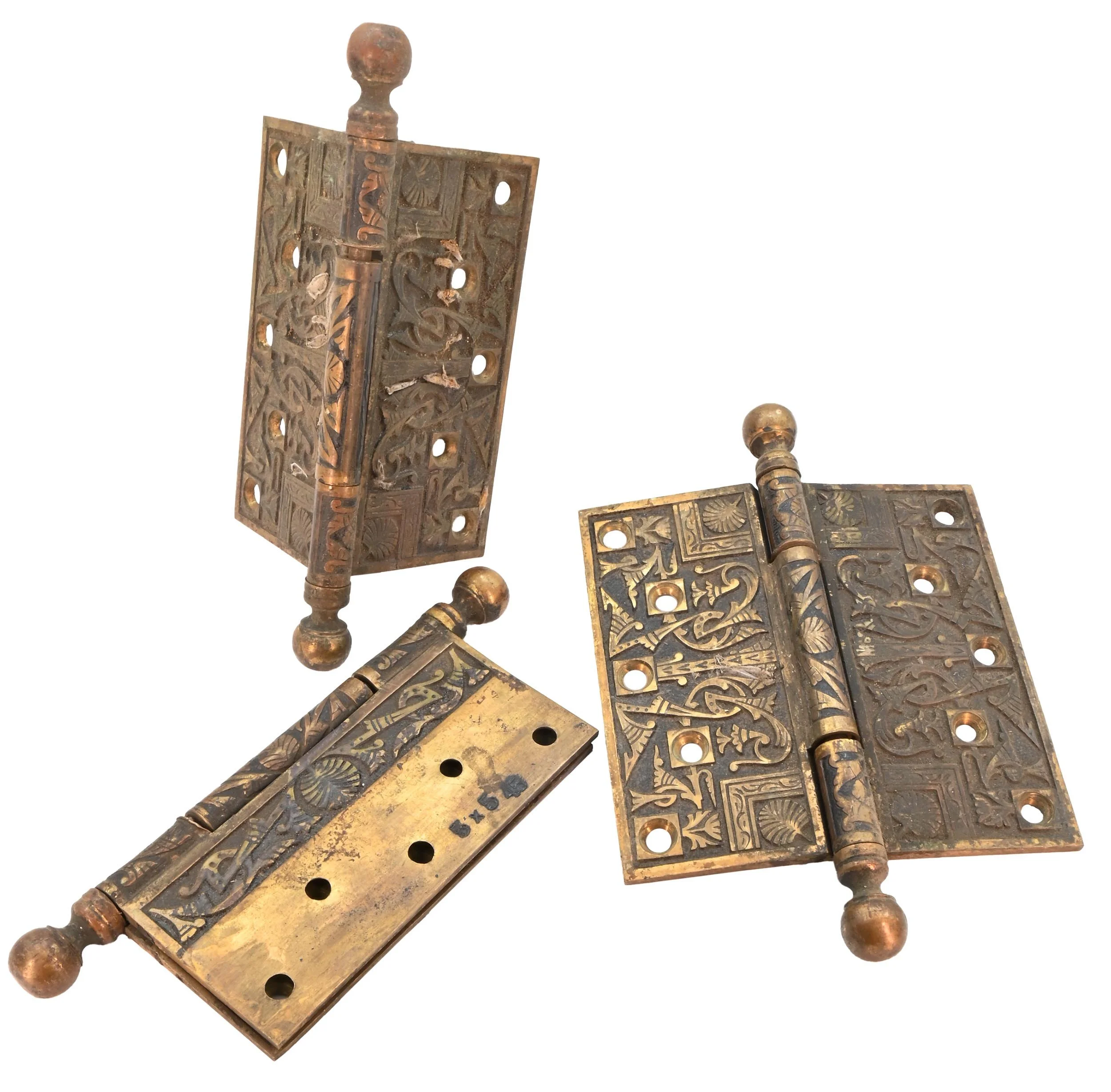 ball top 5" brass/bronze eastlake style three piece hinge set ...