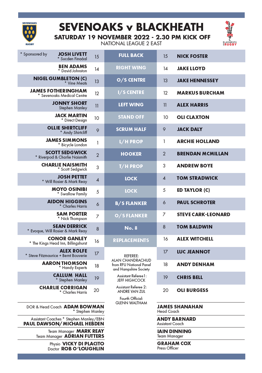 1st XV v Blackheath FC Match day programme — Sevenoaks Rugby