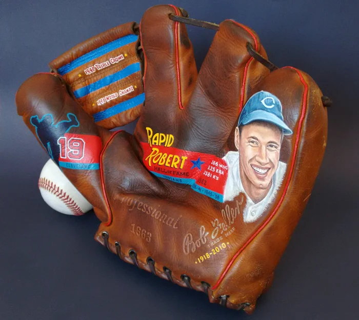 Bob Feller Artwork on Vintage Baseball Glove — Sean Kane Baseball Art ...