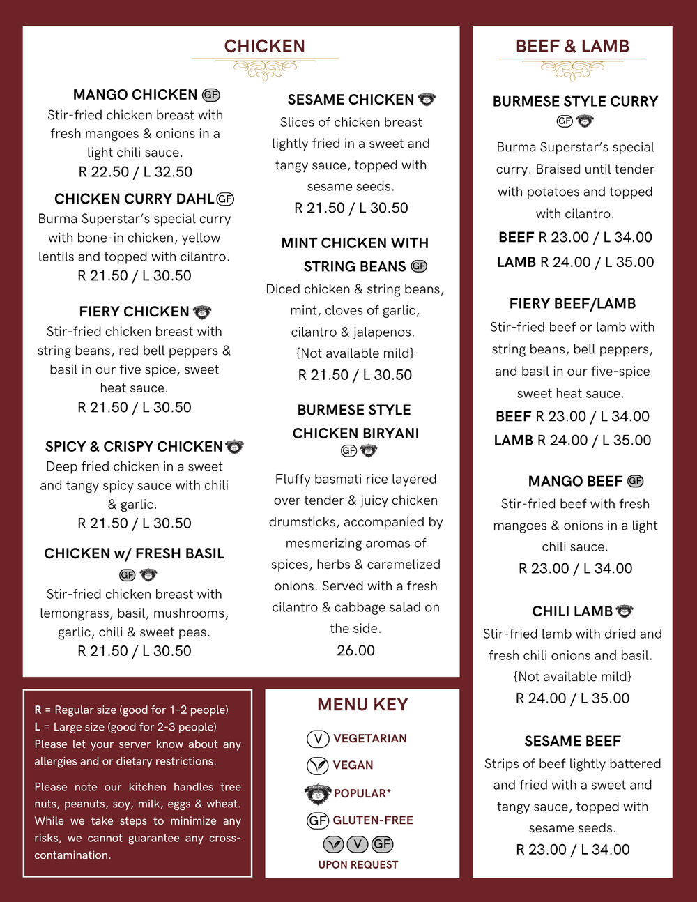 Dine-In Menu — Burma Superstar