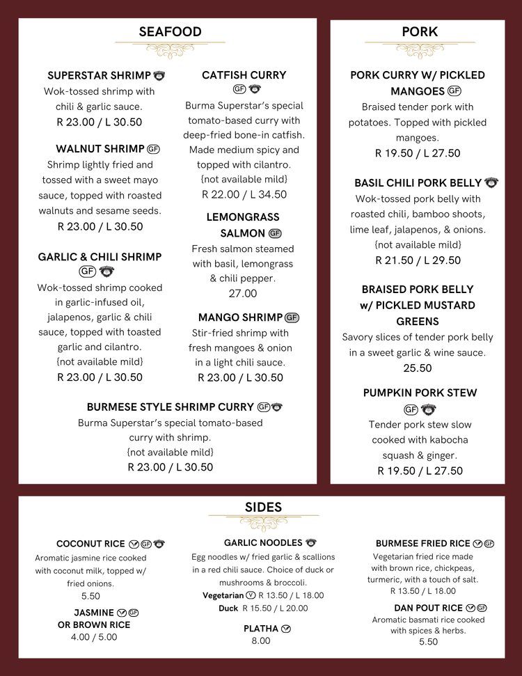 Dine-In Menu — Burma Superstar