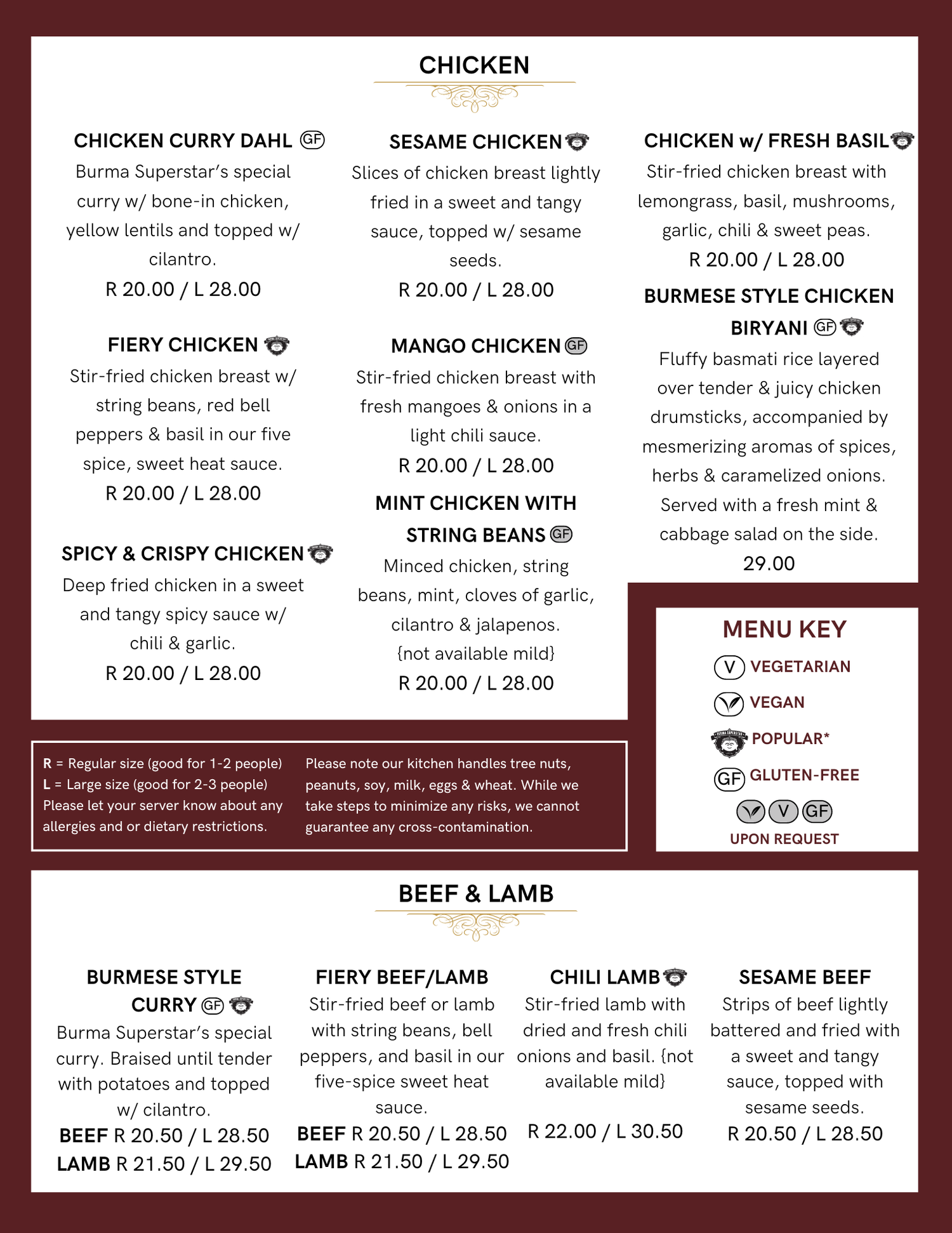 Dine-In Menu — Burma Superstar