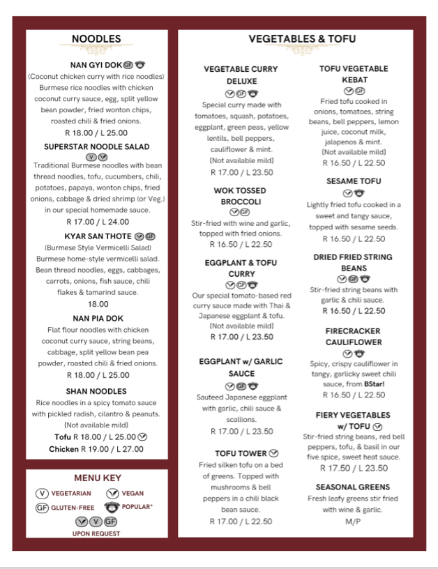 Dine-In Menu — Burma Superstar