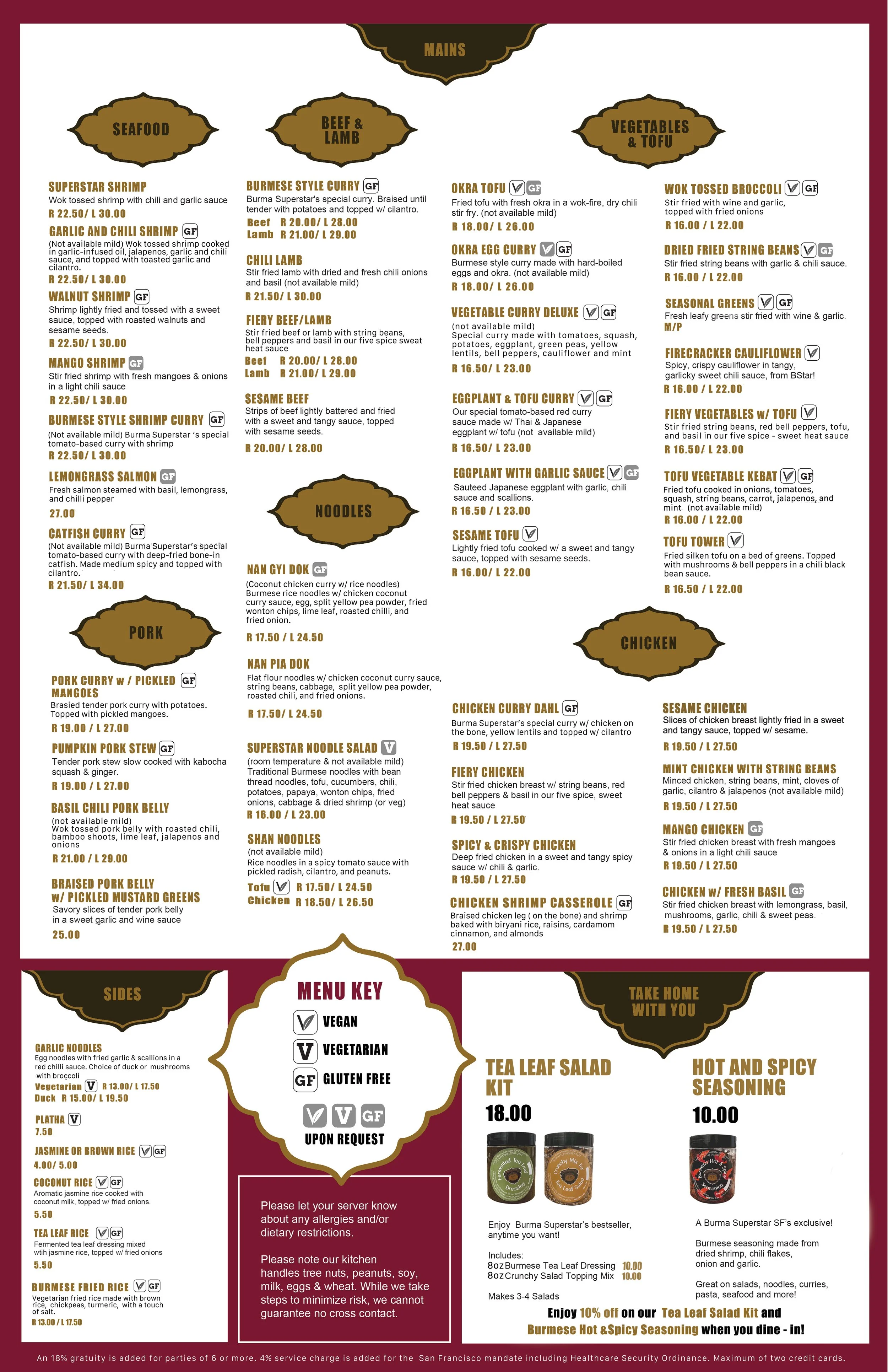 Dine-In Menu — Burma Superstar