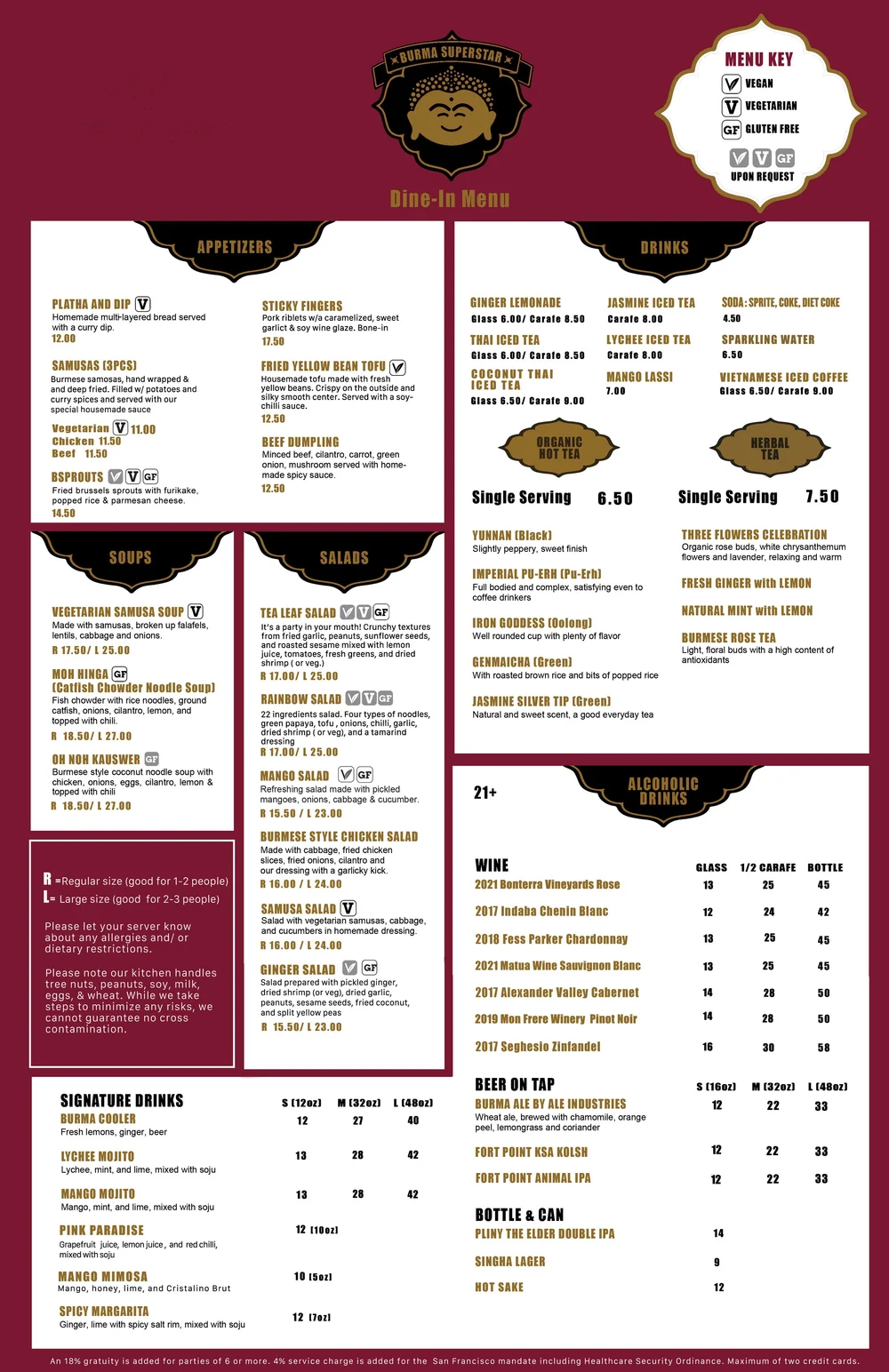 Dine-In Menu — Burma Superstar
