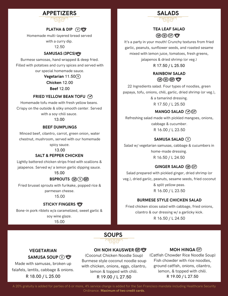 Dine-In Menu — Burma Superstar