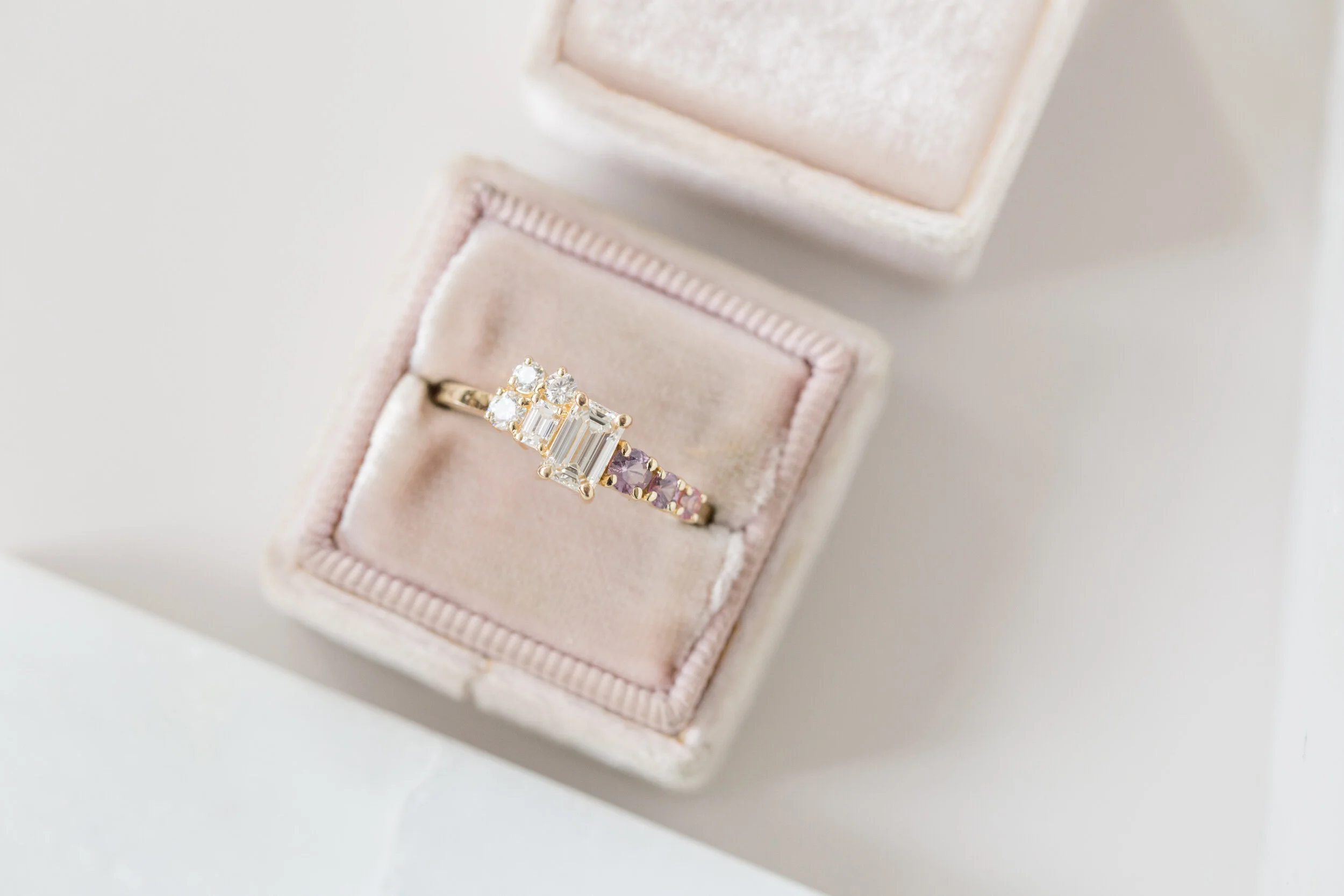 Ailsa Ring | Emerald Cut Diamond + Lavender Sapphire and Diamond ...