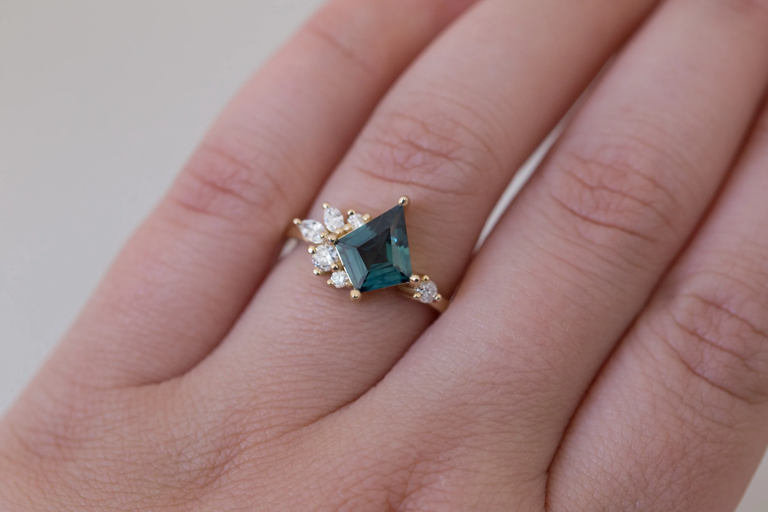 Alden Ring | Teal Sapphire Kite + Diamond Cluster Engagement Ring 1.61 ...