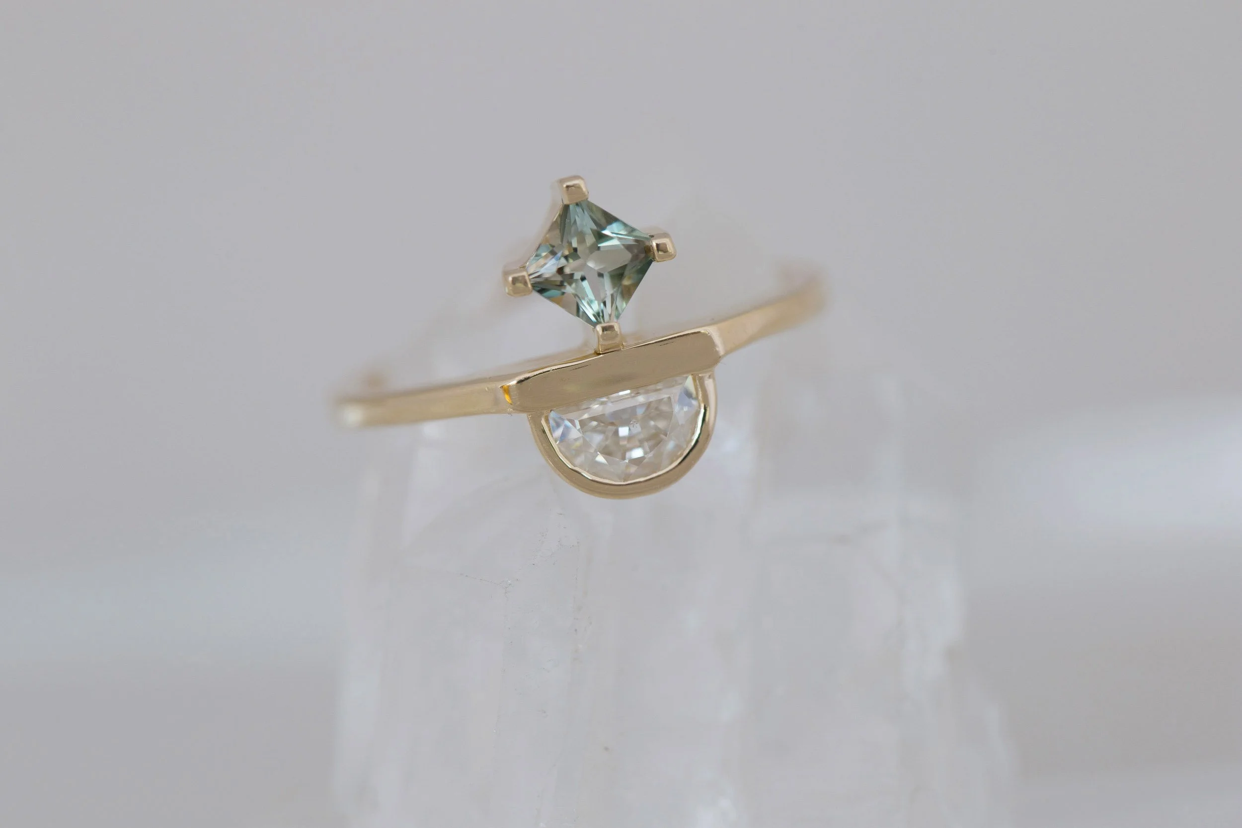 Half Moon Moissanite + Princess Cut Sunstone Engagement Ring | 14k ...